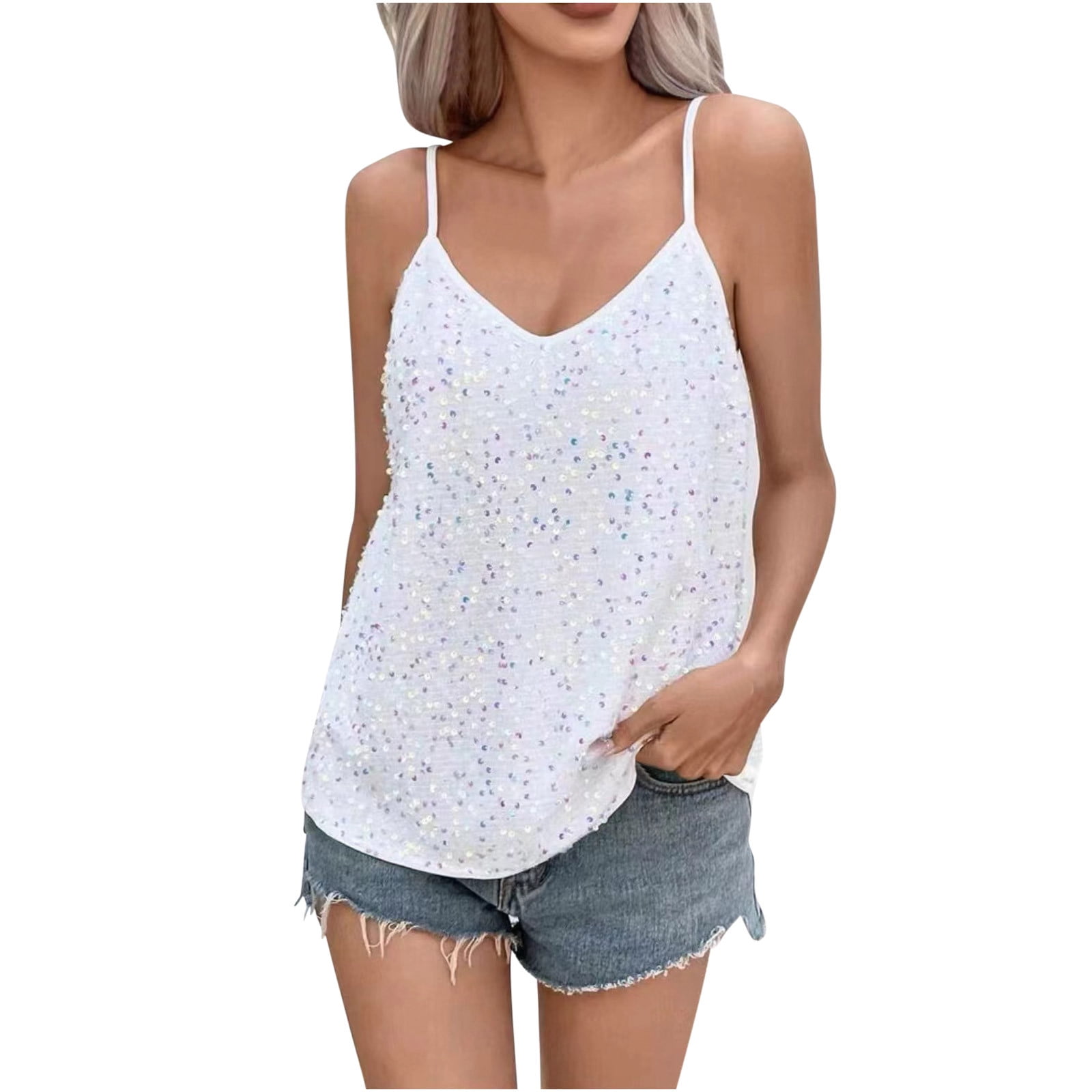BYOIMUD Women's Sequin Vest Reduced Colorful Sleeveless Tops Deep V ...