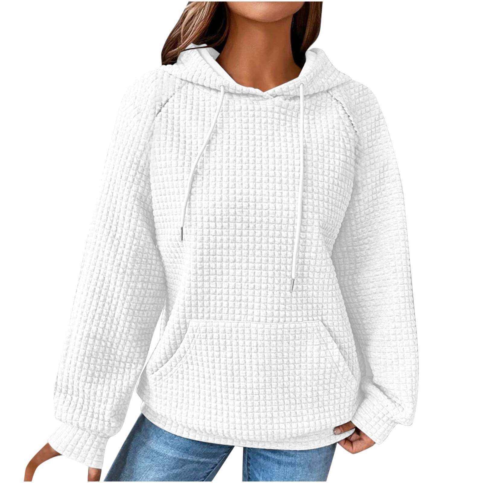 BYOIMUD Women's Trendy Sweatshirt Savings Solid Color Waffle Hoodies with Kangaroo Pockets Long ...