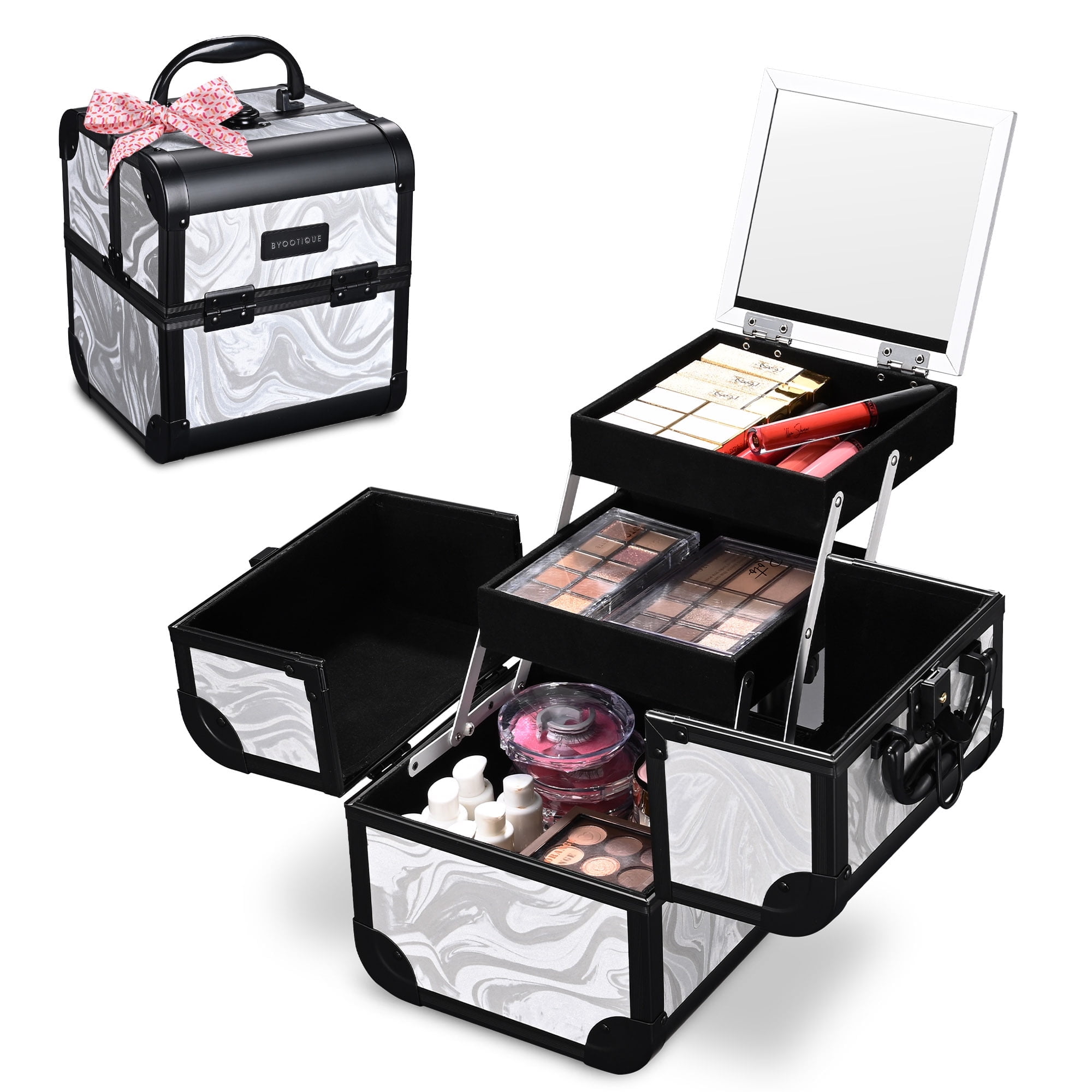 BYOOTIQUE Makeup Train Case 2-Tier Trays Portable Cosmetic Cases Travel ...