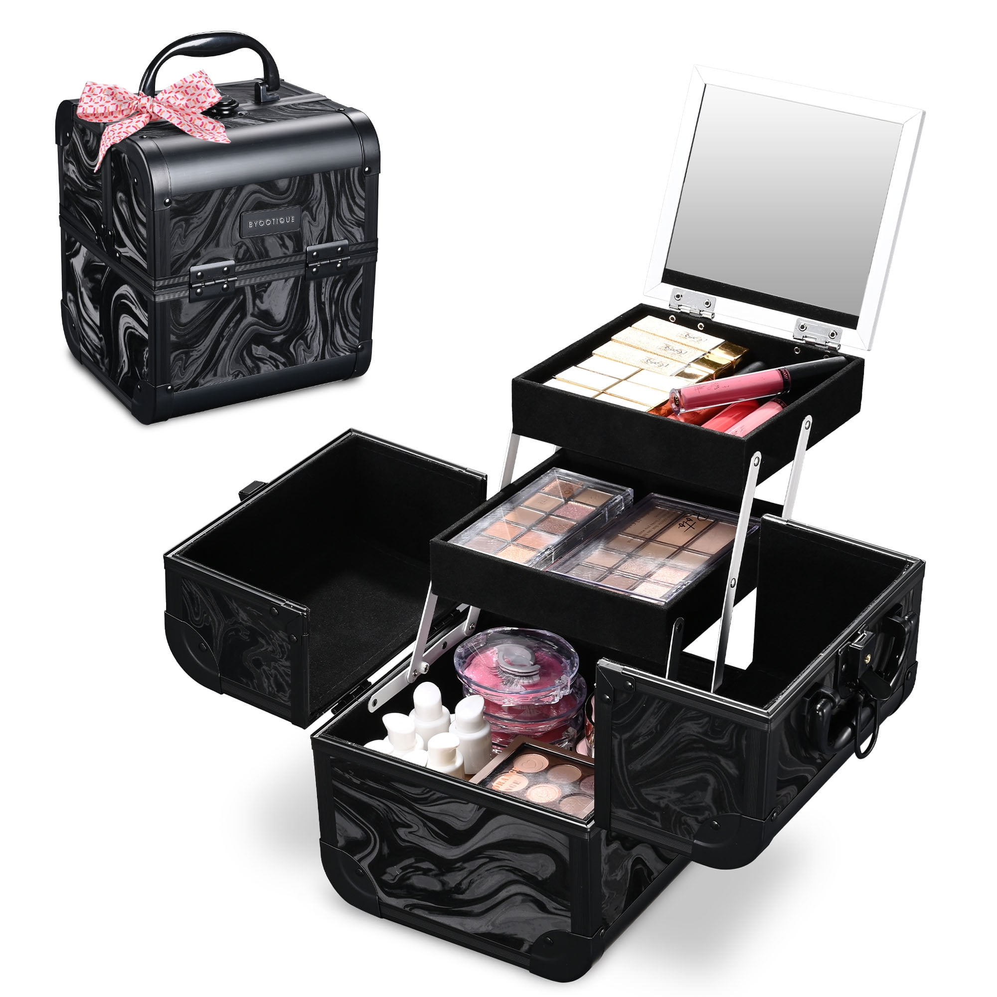 BYOOTIQUE Makeup Train Case 2-Tier Trays Portable Cosmetic Cases Travel ...