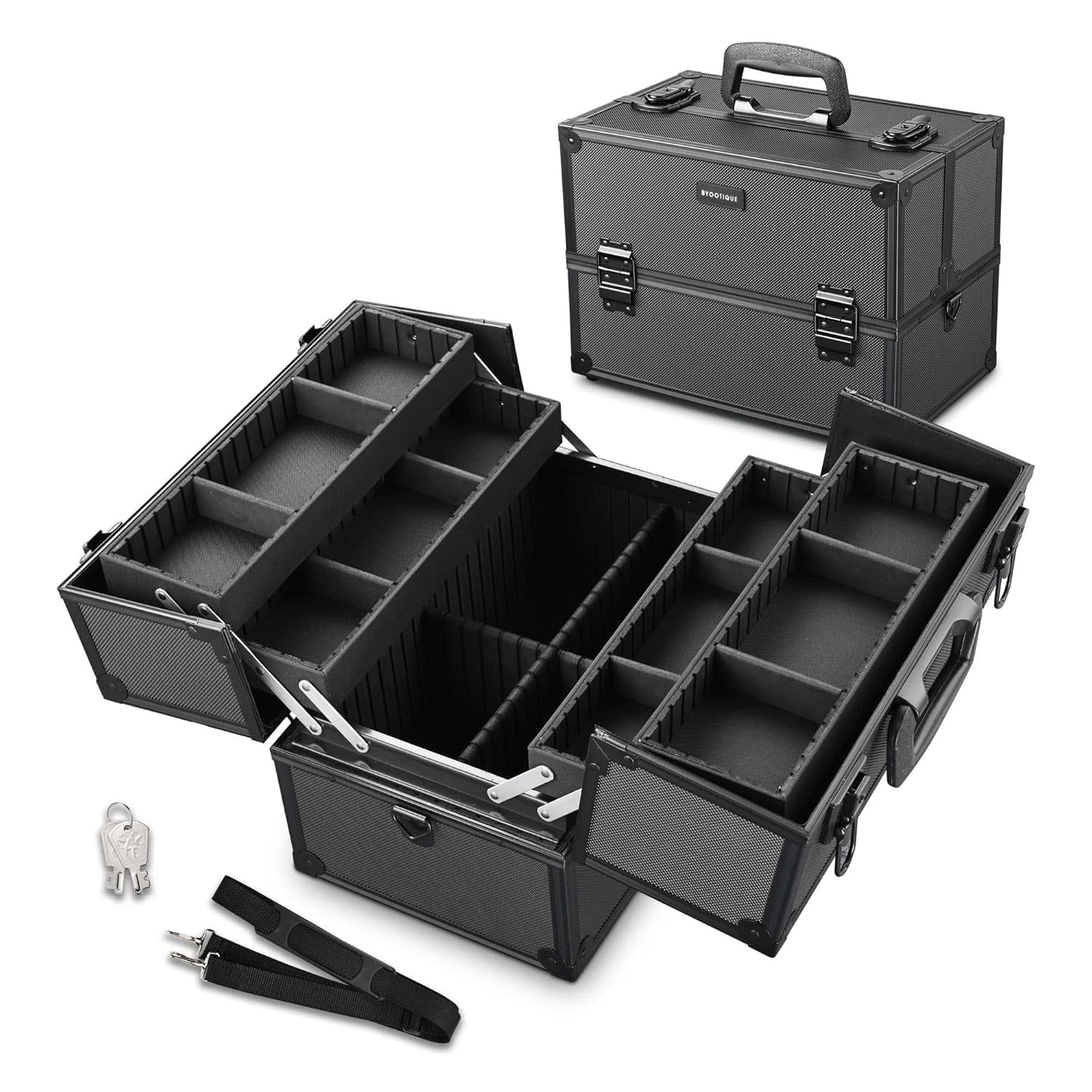 BYOOTIQUE Makeup Train Case Pro Adjustable 4 Sliding Trays Cosmetic ...