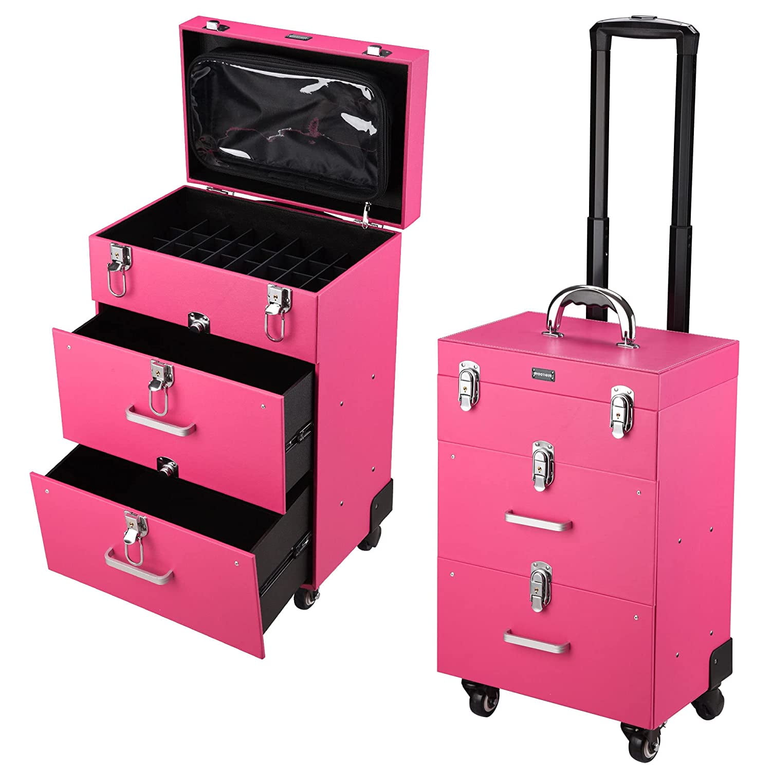 BYOOTIQUE Rolling Makeup Train Case Pro Large Makeup Trolley Case PVC ...
