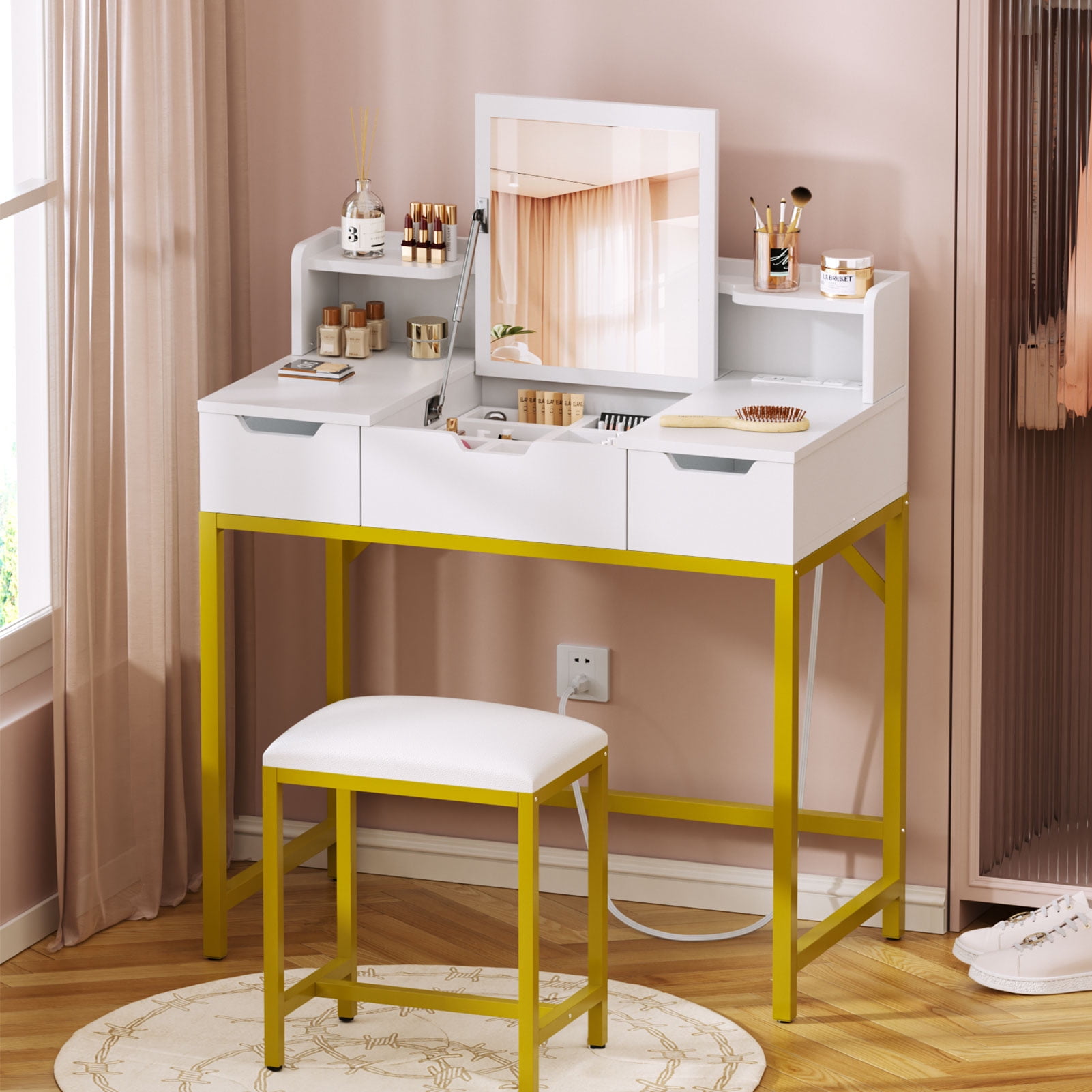 BYT Dressing Table & Stool Set with LED Mirror, Built-in Power Outlets ...