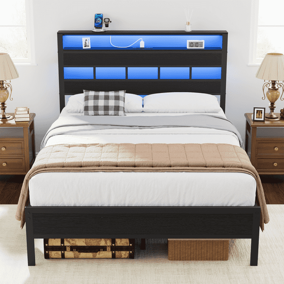 Glozzt Full Size Bed Frame with Upholstered Storage Headboard and LED ...