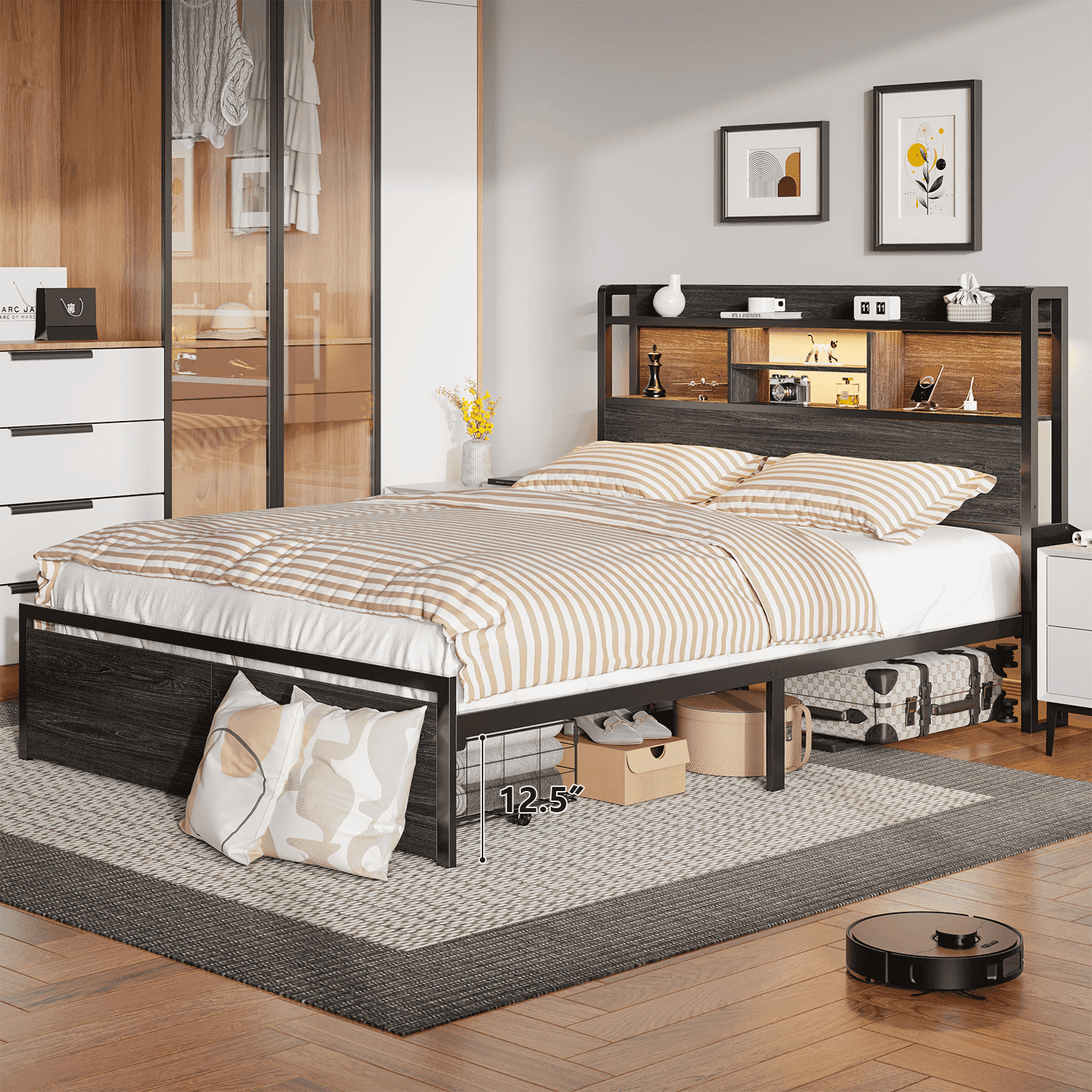 Glozzt Full Size LED Light Bed Frame with Storage Shelf and USB Ports ...