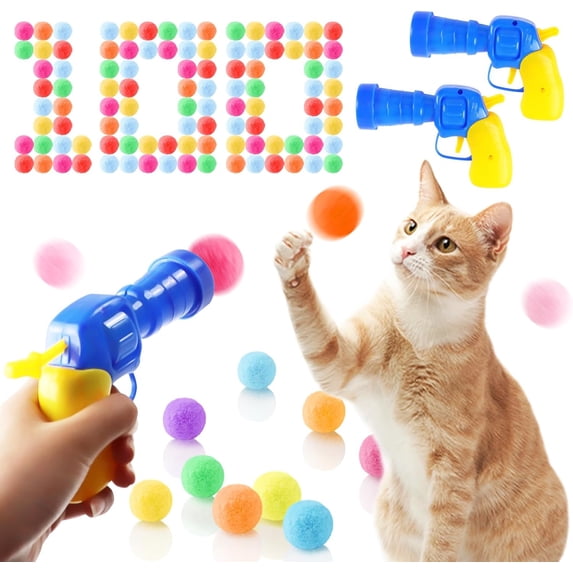BYXAS Cat Toy Balls with 2 Launcher, 100 Cat Pompom Balls, Interactive ...