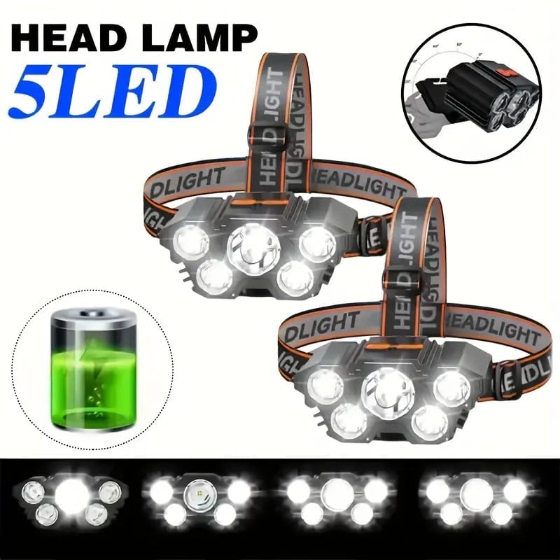 BYXAS Rechargeable Headlamp, 5 LED 18000 Lumens, USB Waterproof, 5 ...