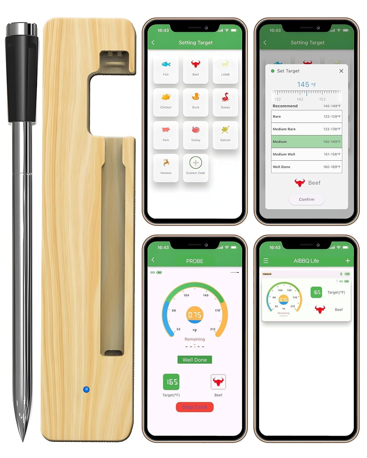 BYXAS Wireless Meat Thermometer, Bluetooth Probe, Real-Time Temp ...