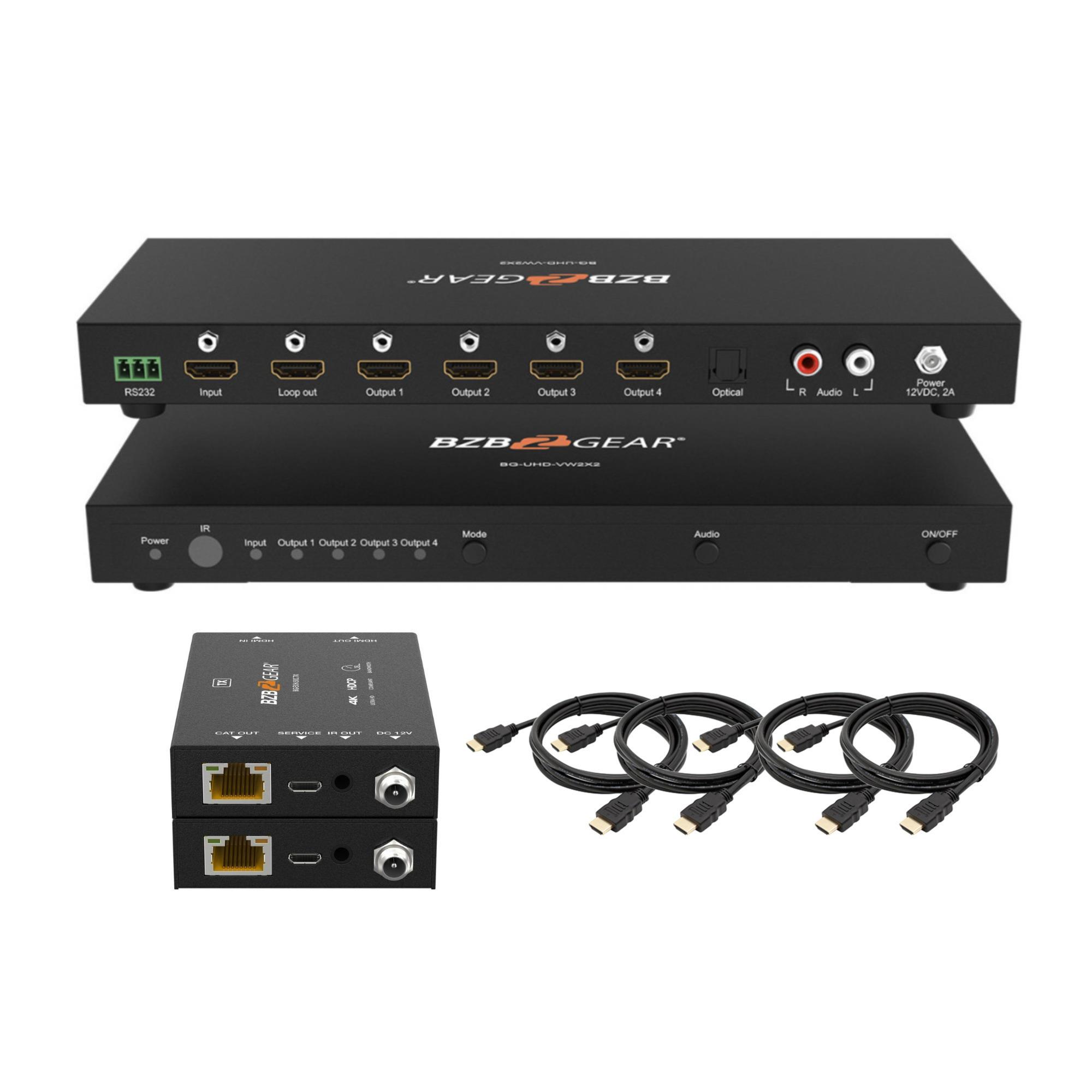 BZBGEAR 2x2 4K60 HDMI Video Wall Processor with HDMI Extender Kit and 12 Ft HDMI Cables (x4 ...