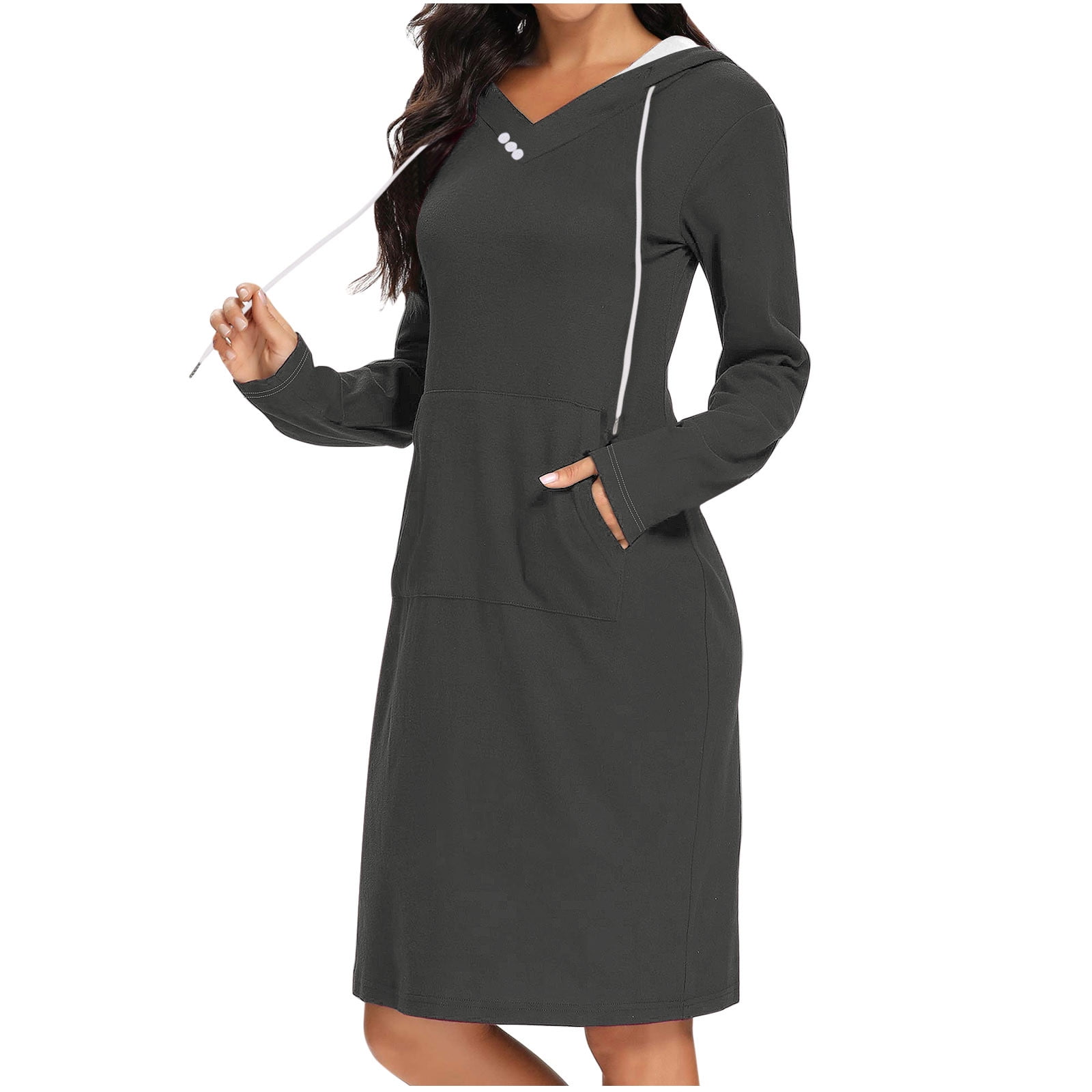 BZGTZT Hoodie Dress for Women with Pocket Fall Winter Long Sleeve V ...