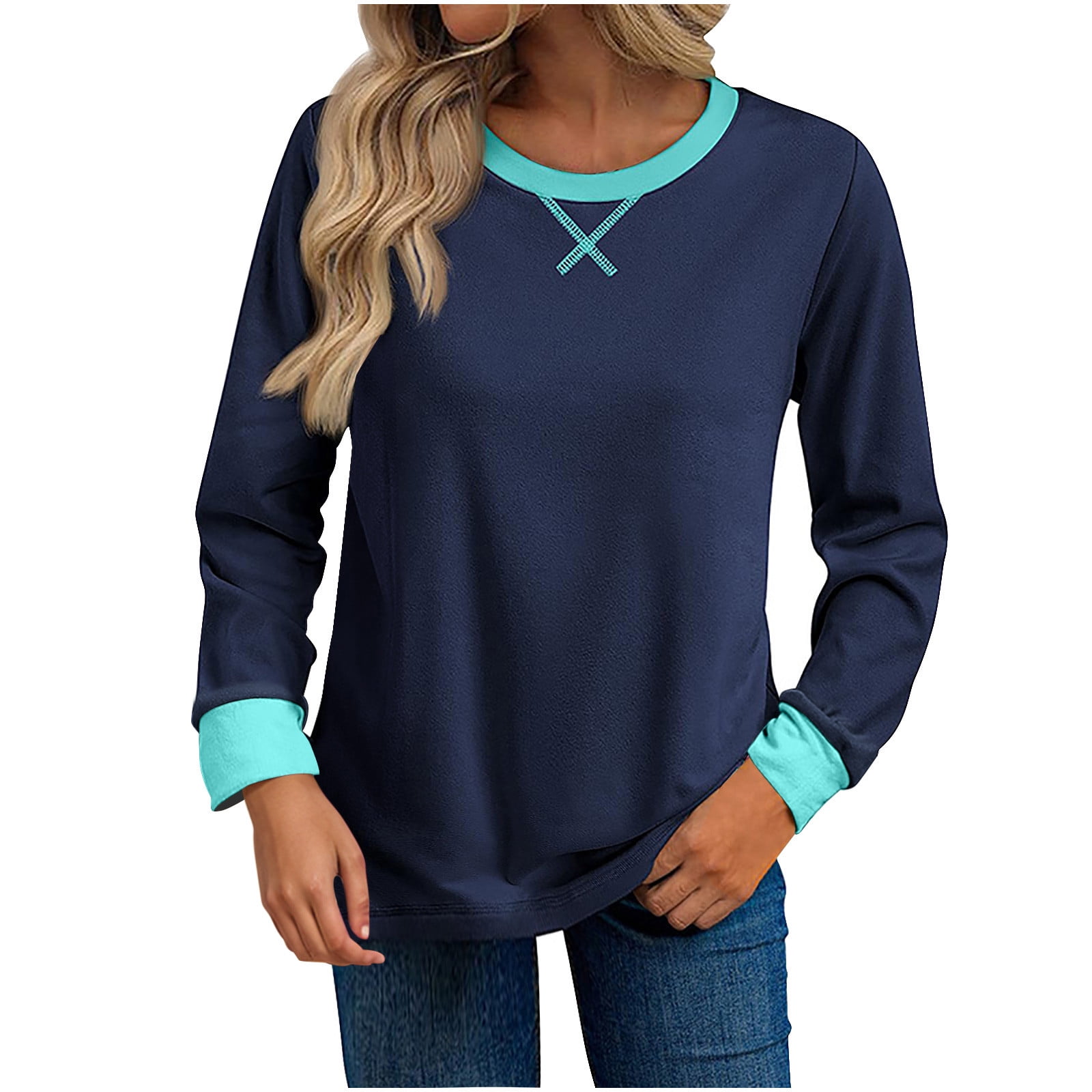 BZGTZT Trendy Queen Womens Fall Long Sleeve Tops Color Block Casual ...