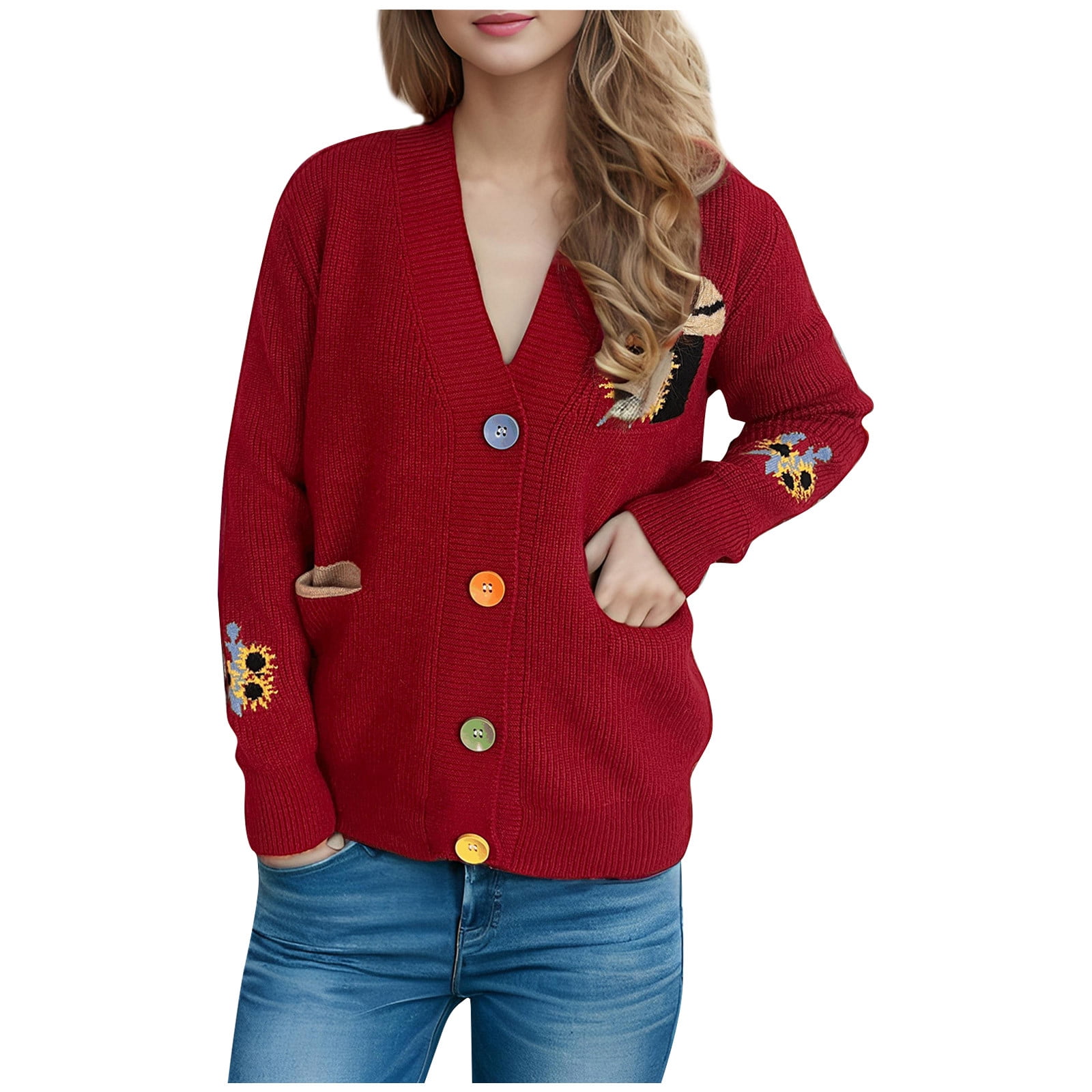 BZGTZT Women's Cute Cat Embroidered Cardigan Sweater Panel Striped Knit ...