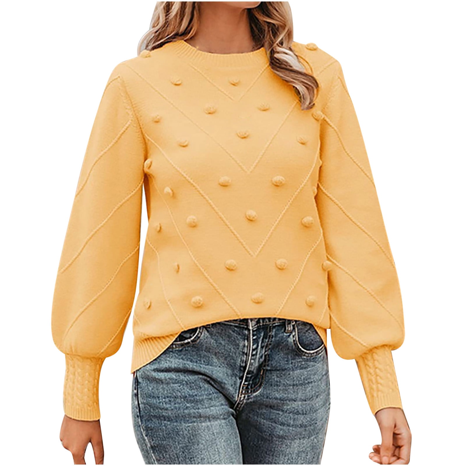 BZGTZT Women's Fall Crew Neck Pullover Sweater Cute Long Puff Sleeve ...