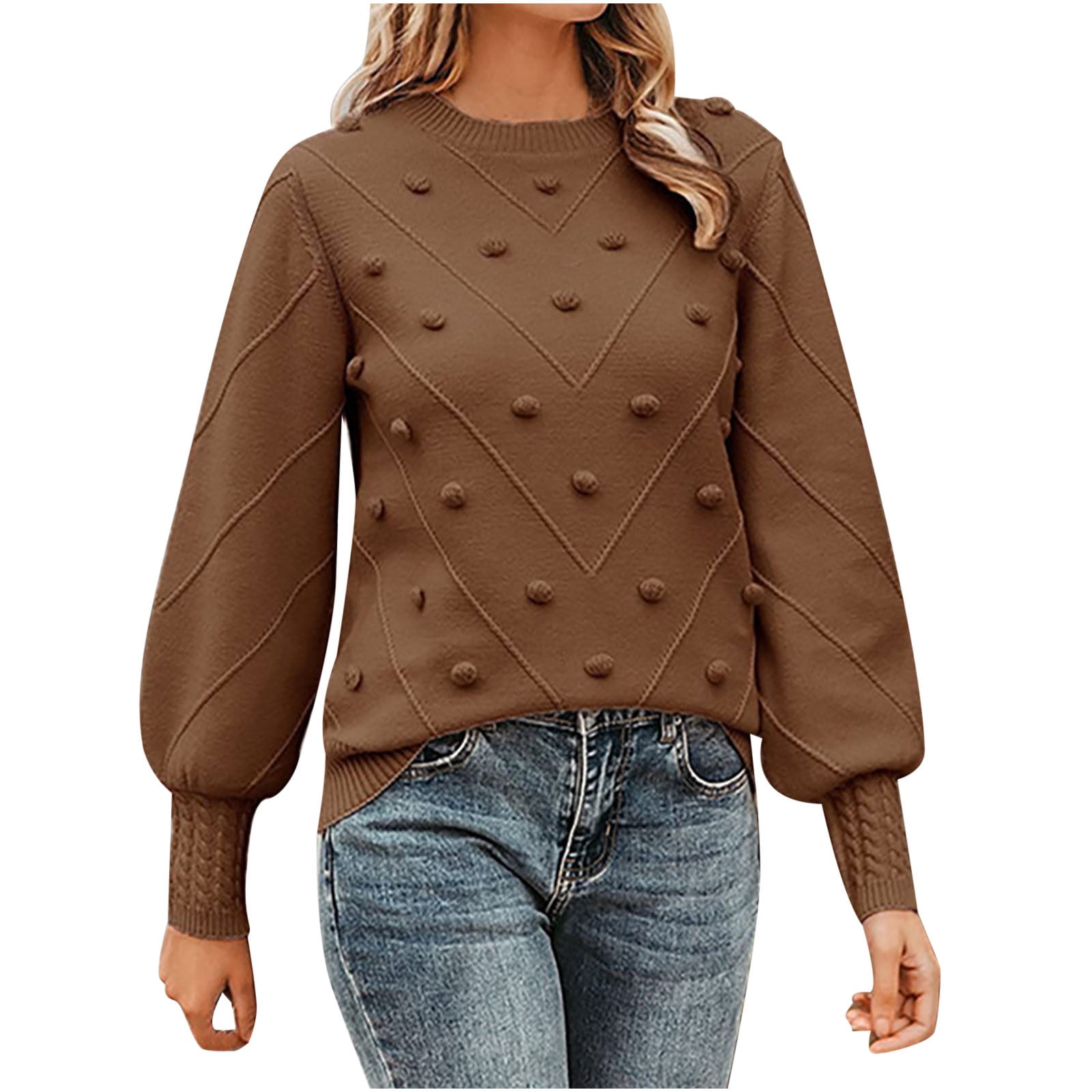 BZGTZT Women's Fall Crew Neck Pullover Sweater Cute Long Puff Sleeve ...