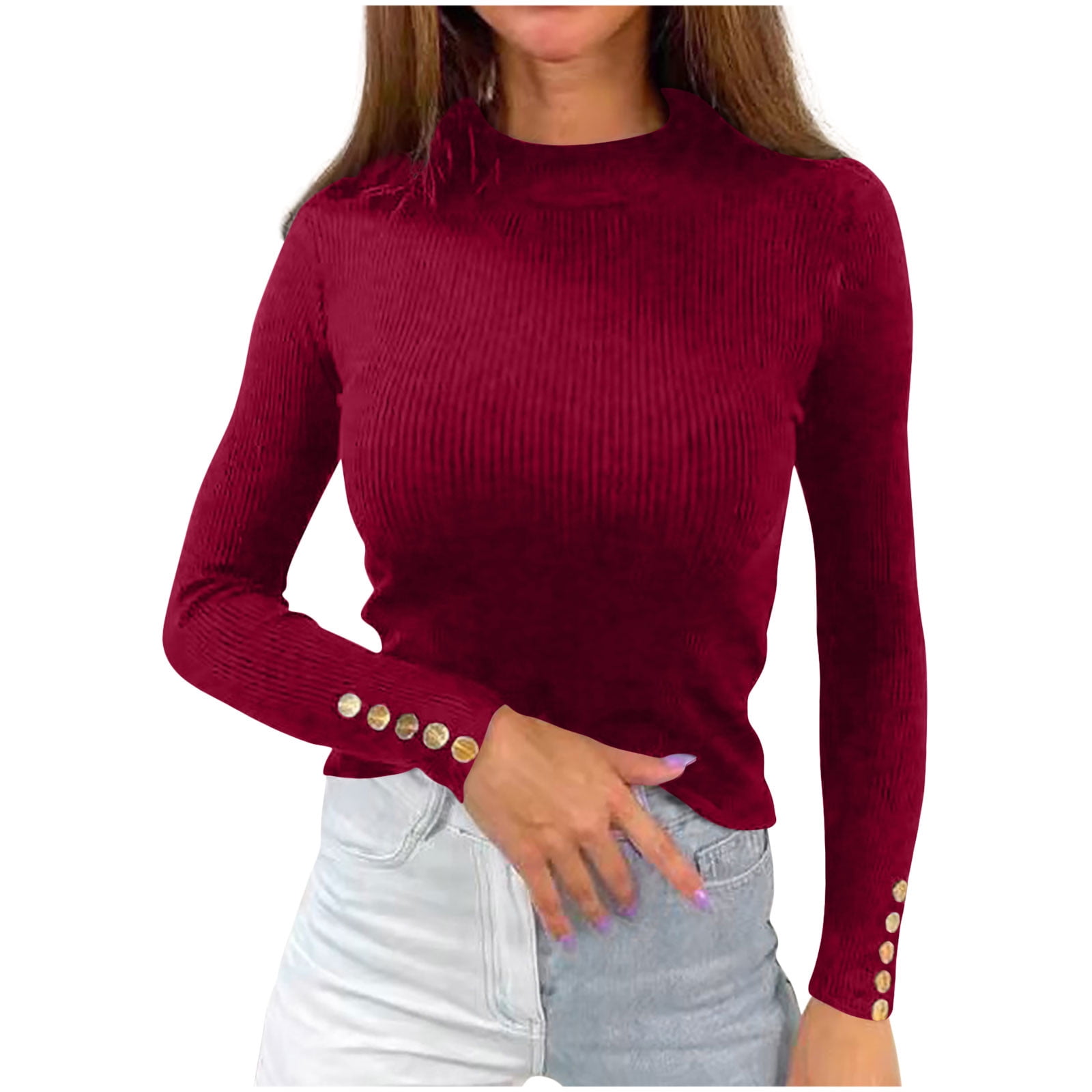 BZGTZT Women's Fall Mock Neck Sweaters Gold Buttons Long Sleeve Solid ...