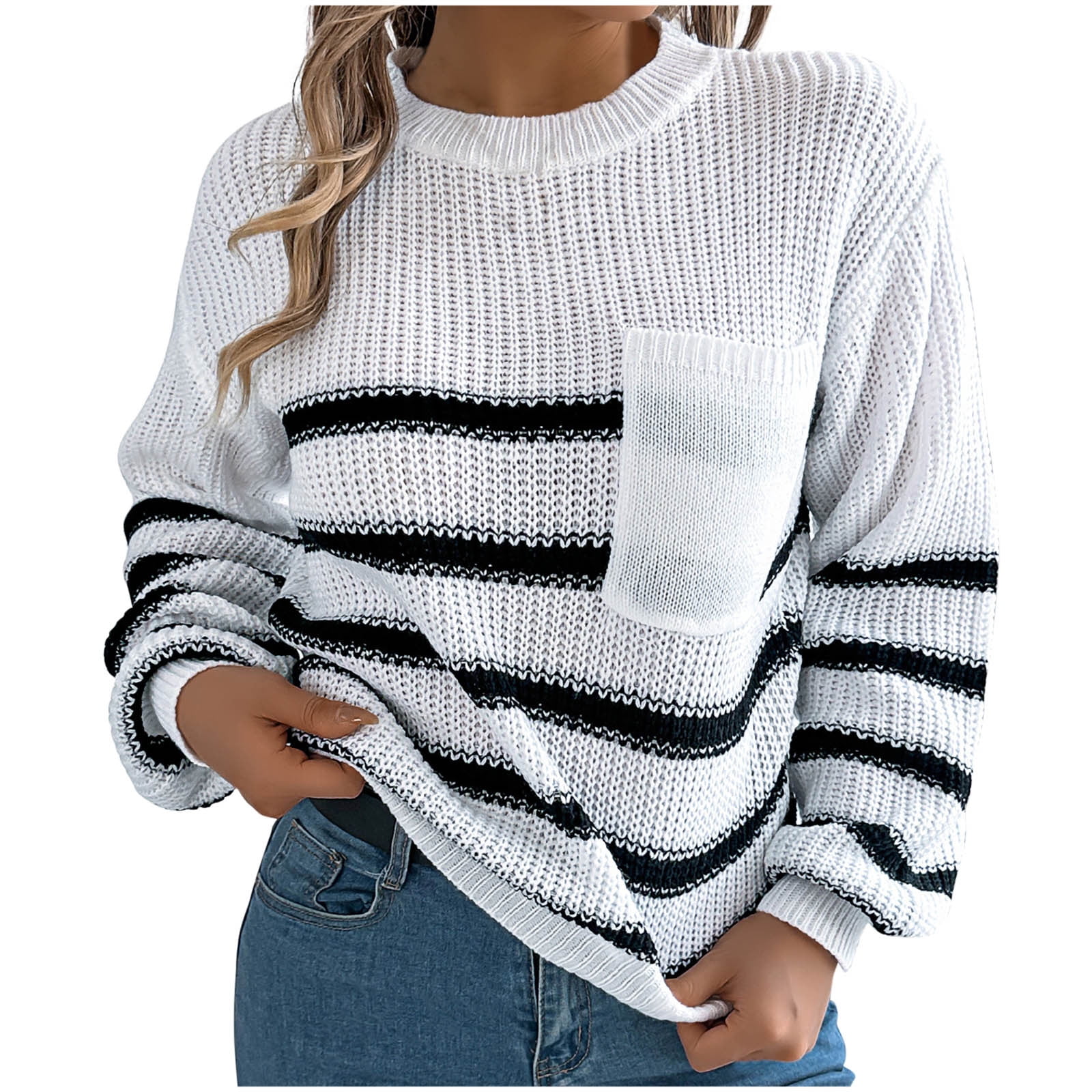BZGTZT Women's Striped Print Drop Shoulder Pocket Decor Sweater, Casual ...