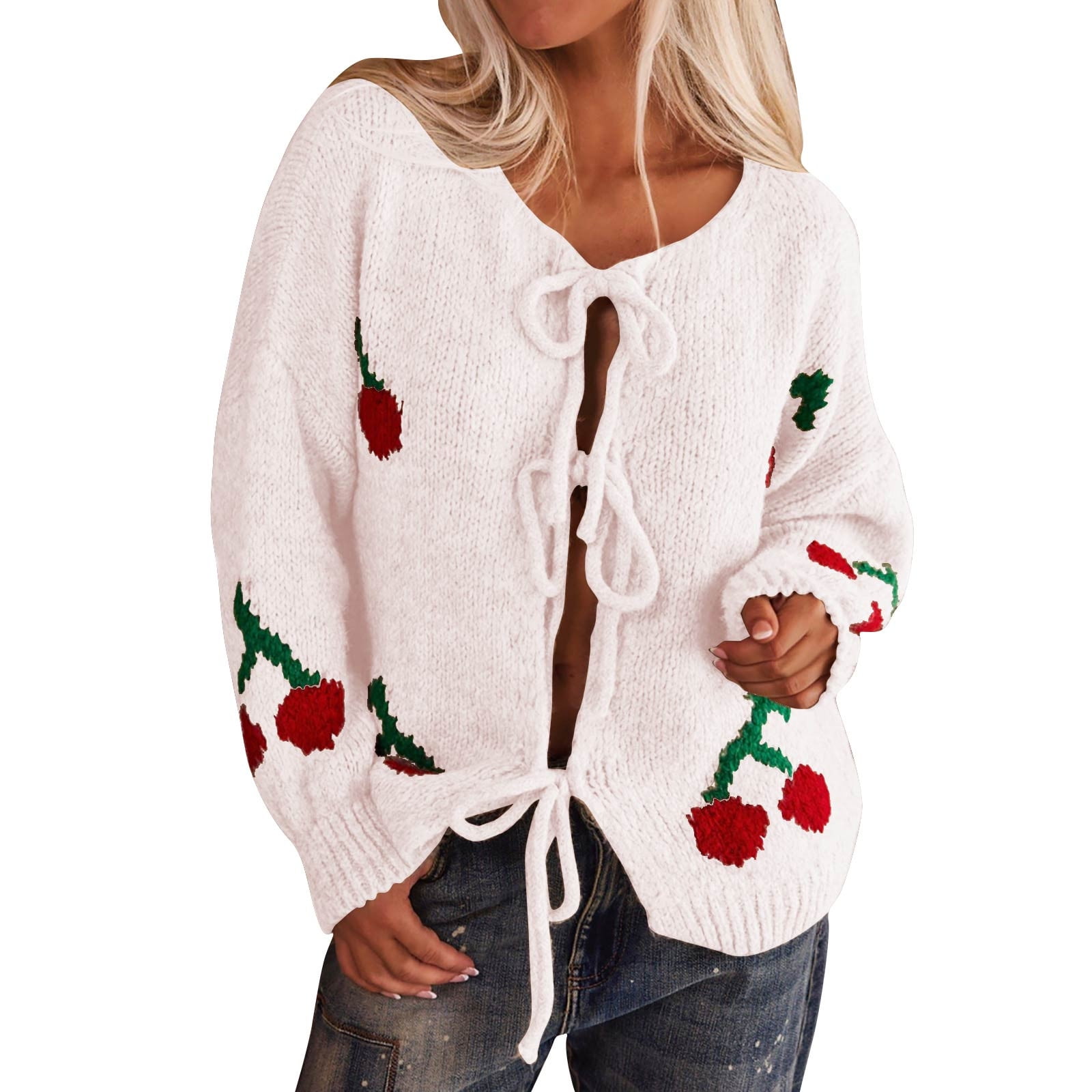 BZGTZT Womens Bow Tie Front Cardigan Cute Cherry Open Front Y2k Sweater ...