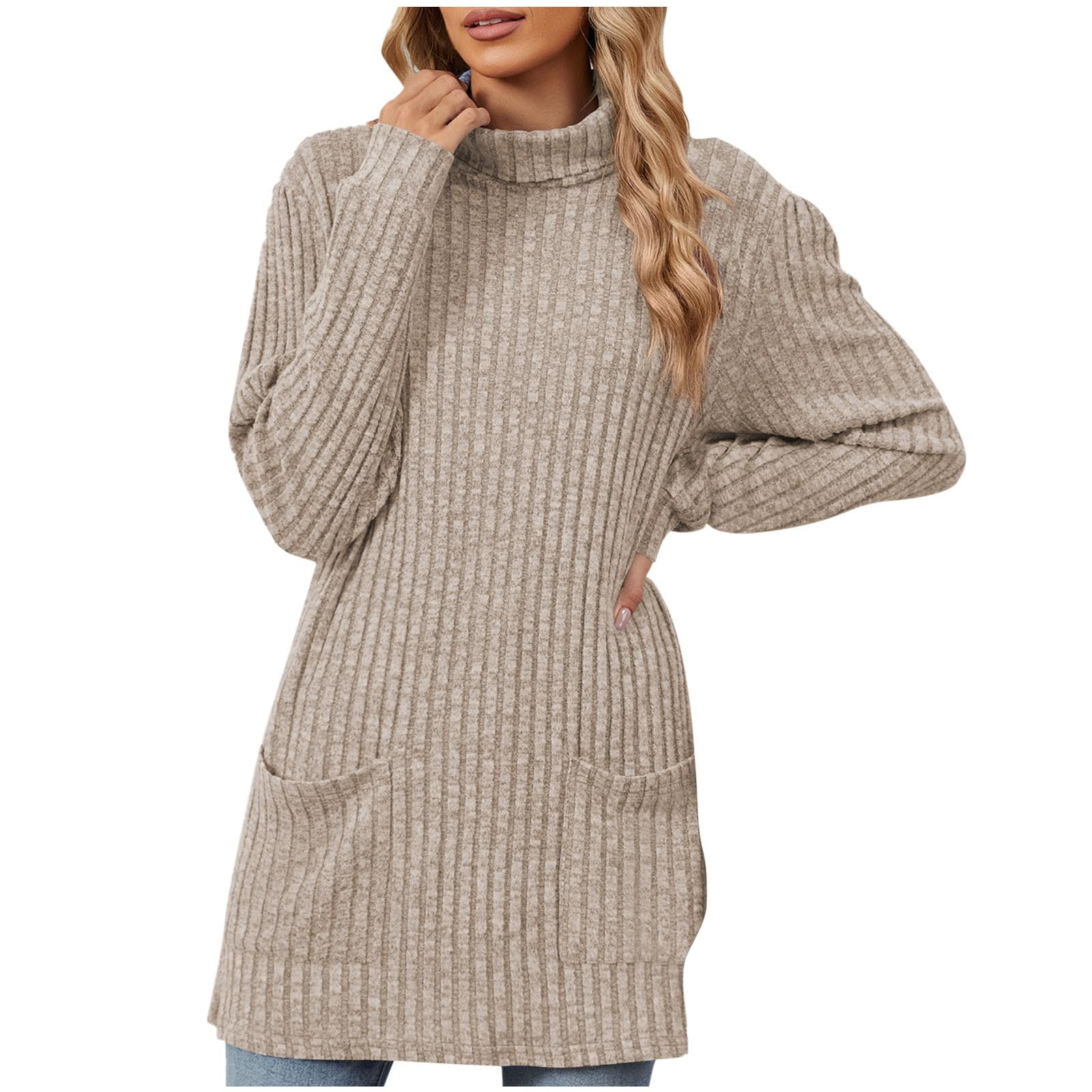 BZGTZT Womens Long Tunic Sweaters Ribbed Knit Turtleneck Long Sleeve ...