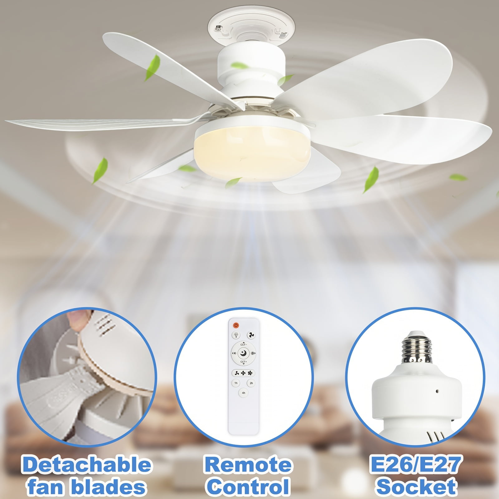 BZH Socket Fan Light with Remote – 20.5in Small Ceiling Fan with 3 ...