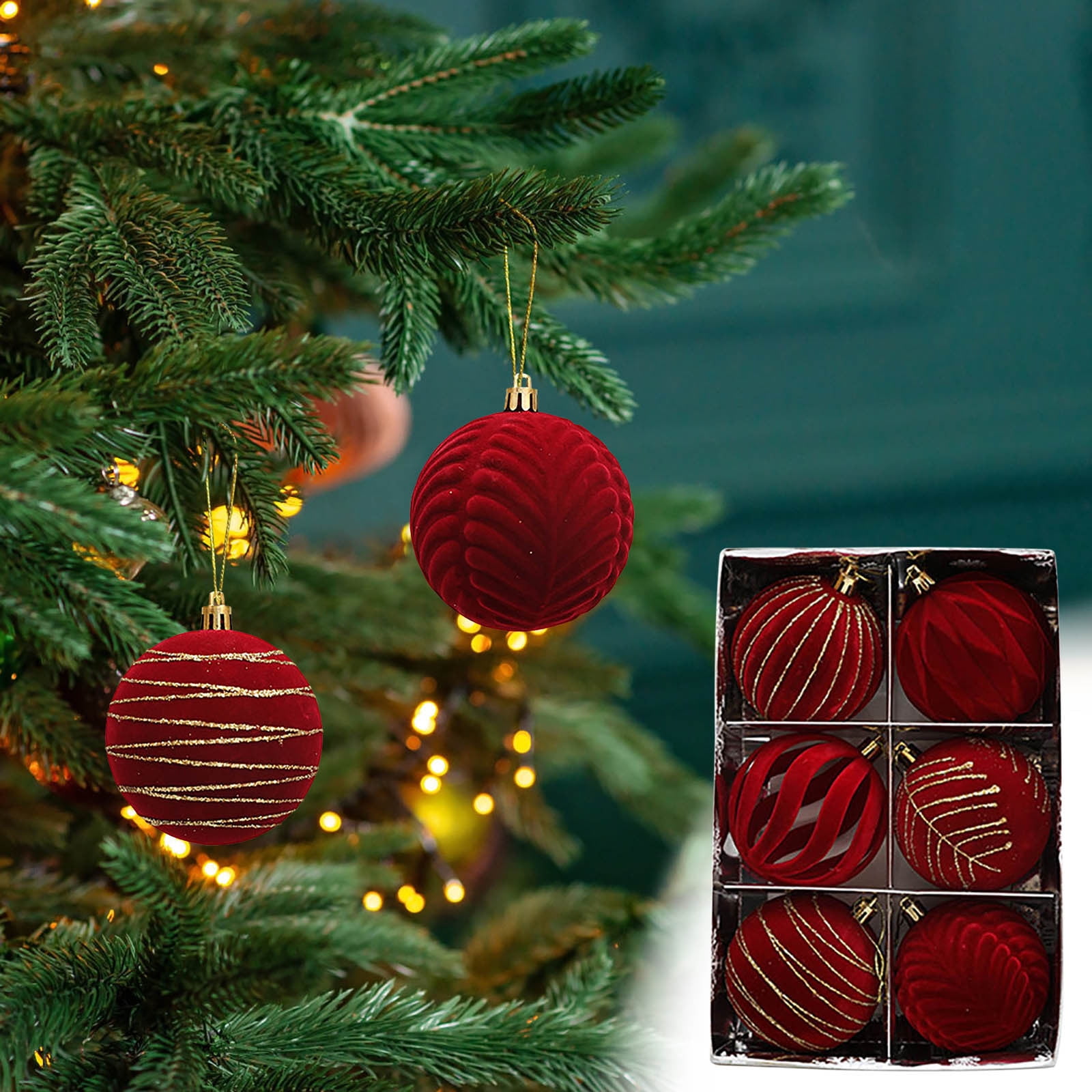 BZPIZ 6pcs Velvet Ornaments Balls Christmas Balls Shatterproof Plastic ...