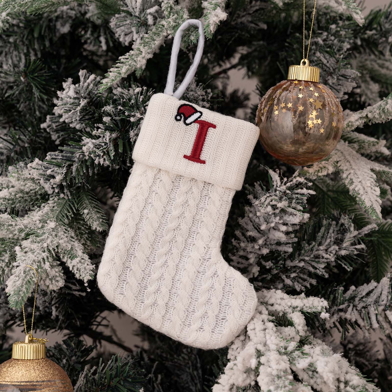 BZPIZ Christmas Stockings,White Cable Knit Socks with Red Letter I ...