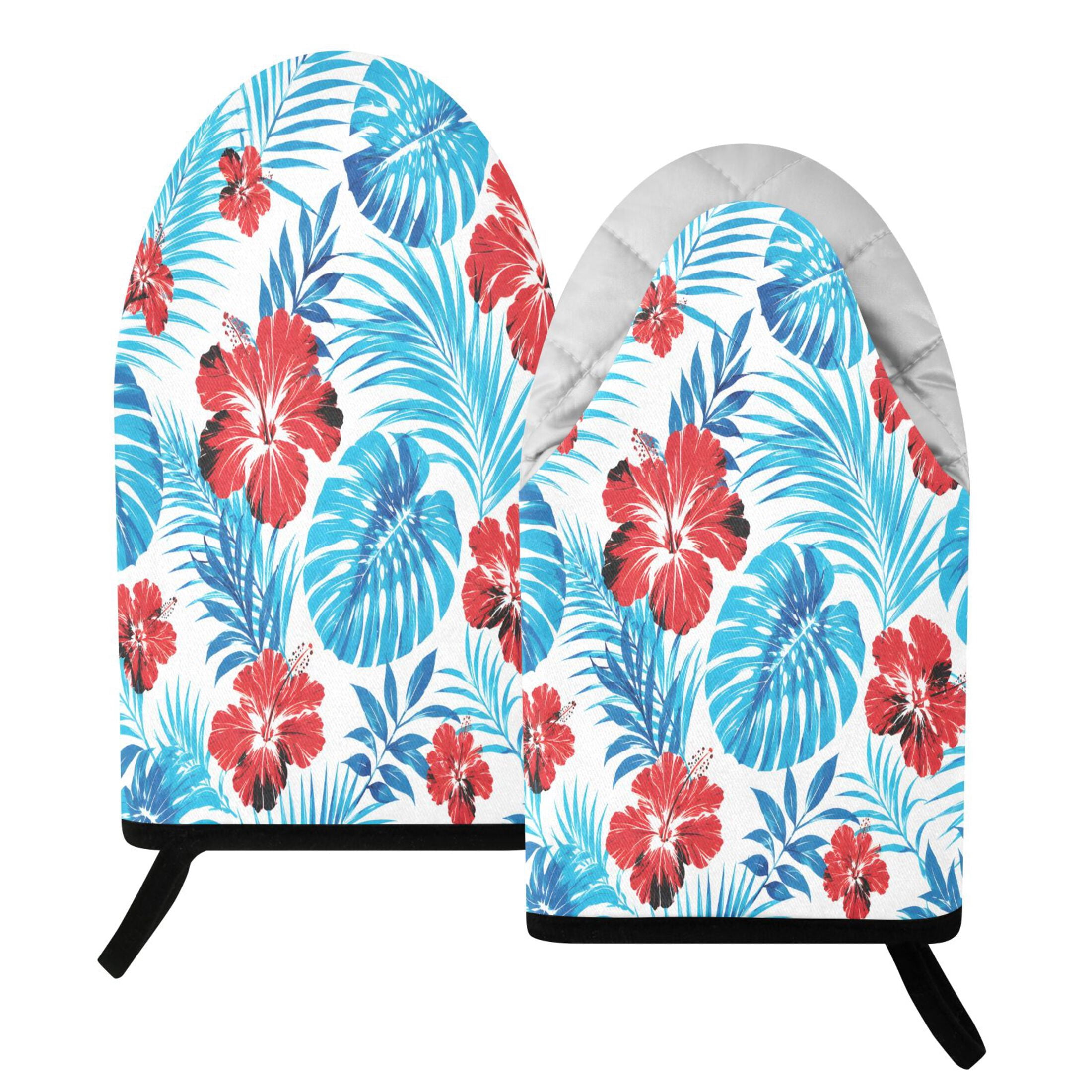 BZSMCE 2 Pack Blue Palm Leaves Red Hibiscus Flowers Print Heat ...