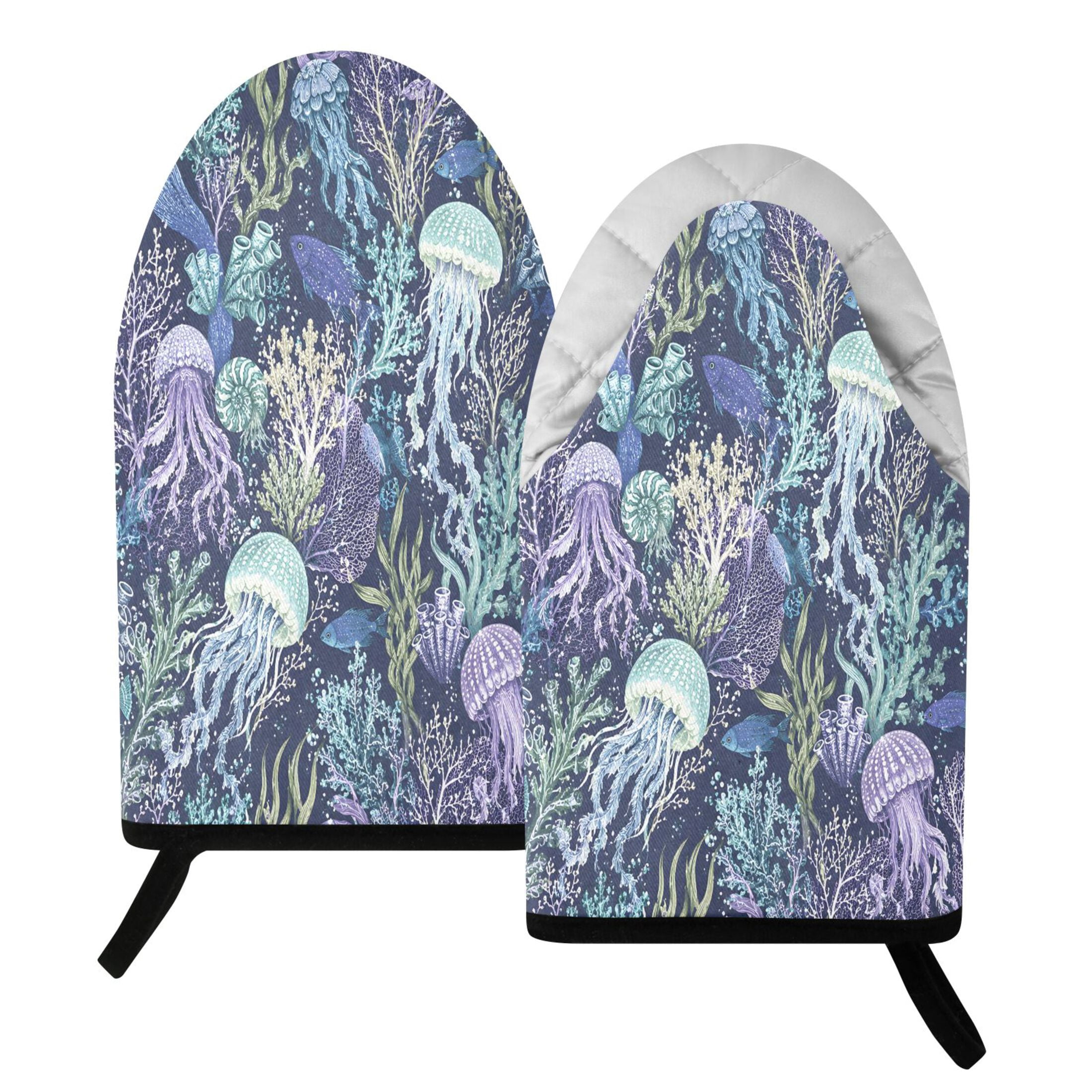 BZSMCE 2 Pack Coral Jellyfish Print Heat Resistant Cotton Oven Mitts ...
