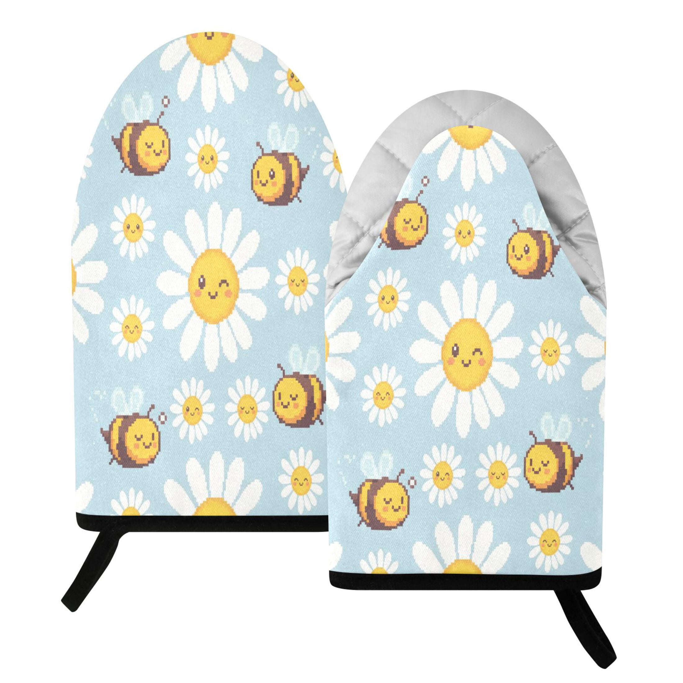 BZSMCE 2 Pack Daisy Flower Bees Print Heat Resistant Cotton Oven Mitts ...