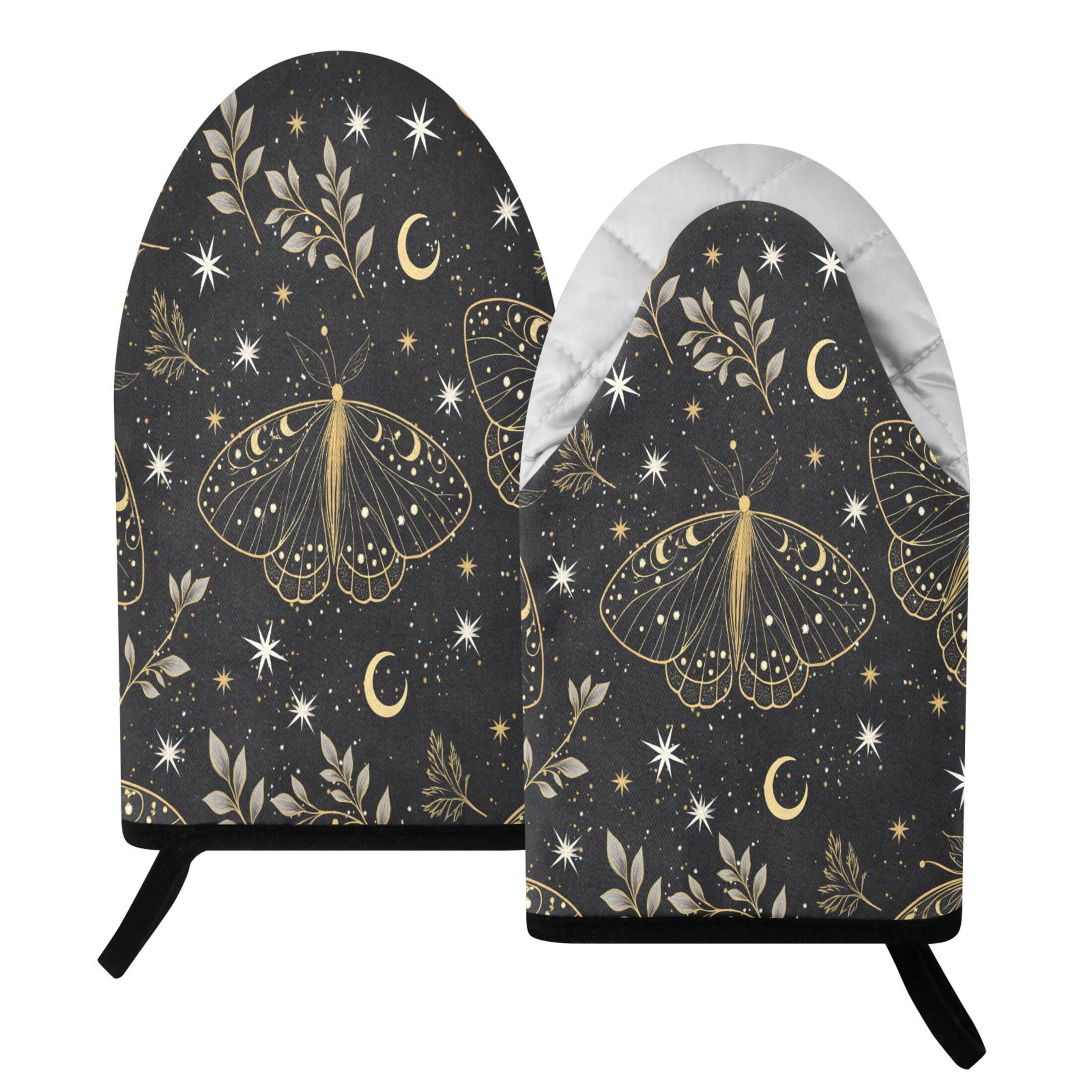BZSMCE 2 Pack Golden Moth Print Heat Resistant Cotton Oven Mitts for ...