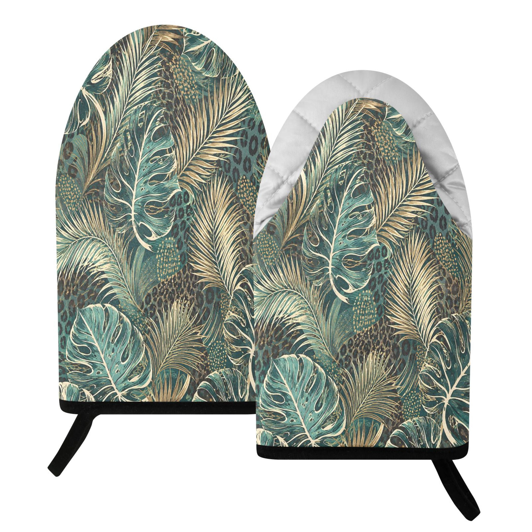 BZSMCE 2 Pack Green Palm Leaves Print Heat Resistant Cotton Oven Mitts ...