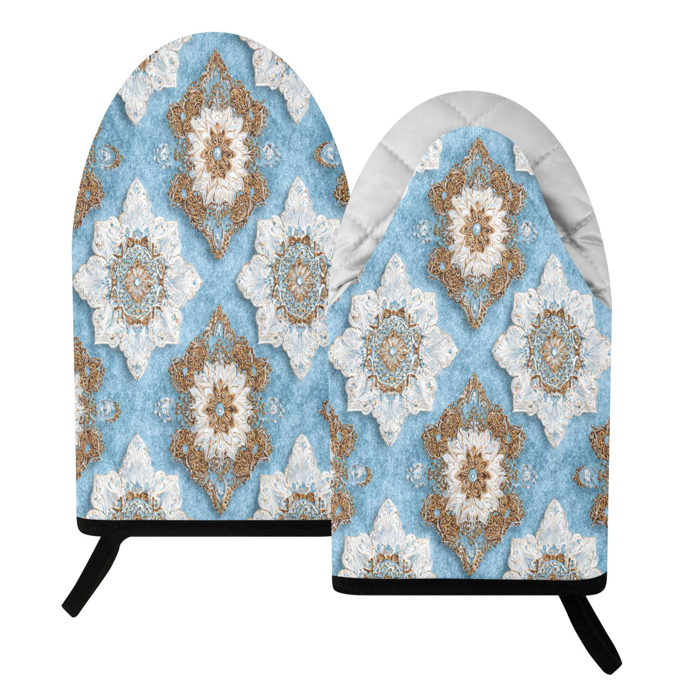BZSMCE 2 Pack Sky Blue Medallion Print Heat Resistant Cotton Oven Mitts ...