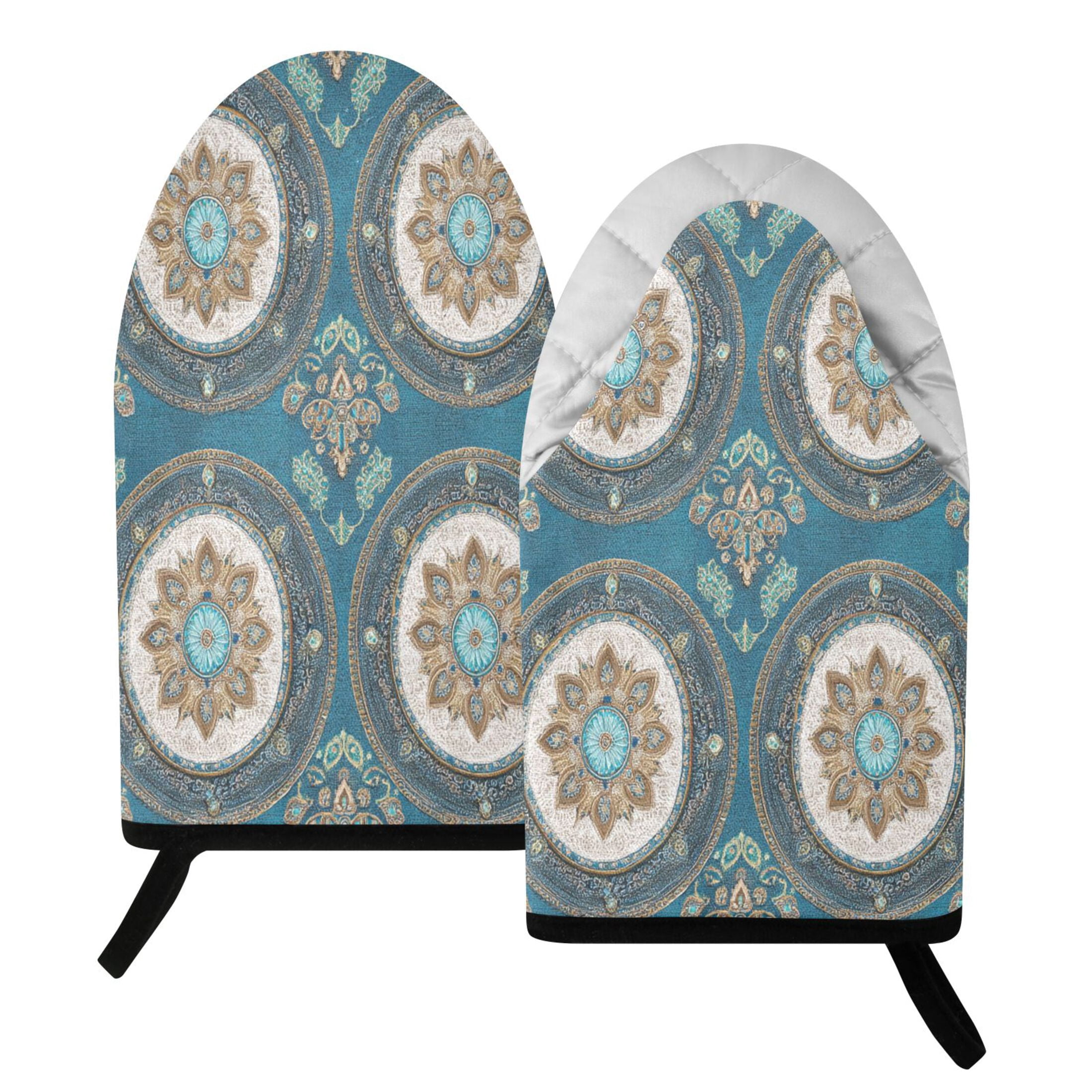 BZSMCE 2 Pack Teal Ornate Medallion Print Heat Resistant Cotton Oven ...
