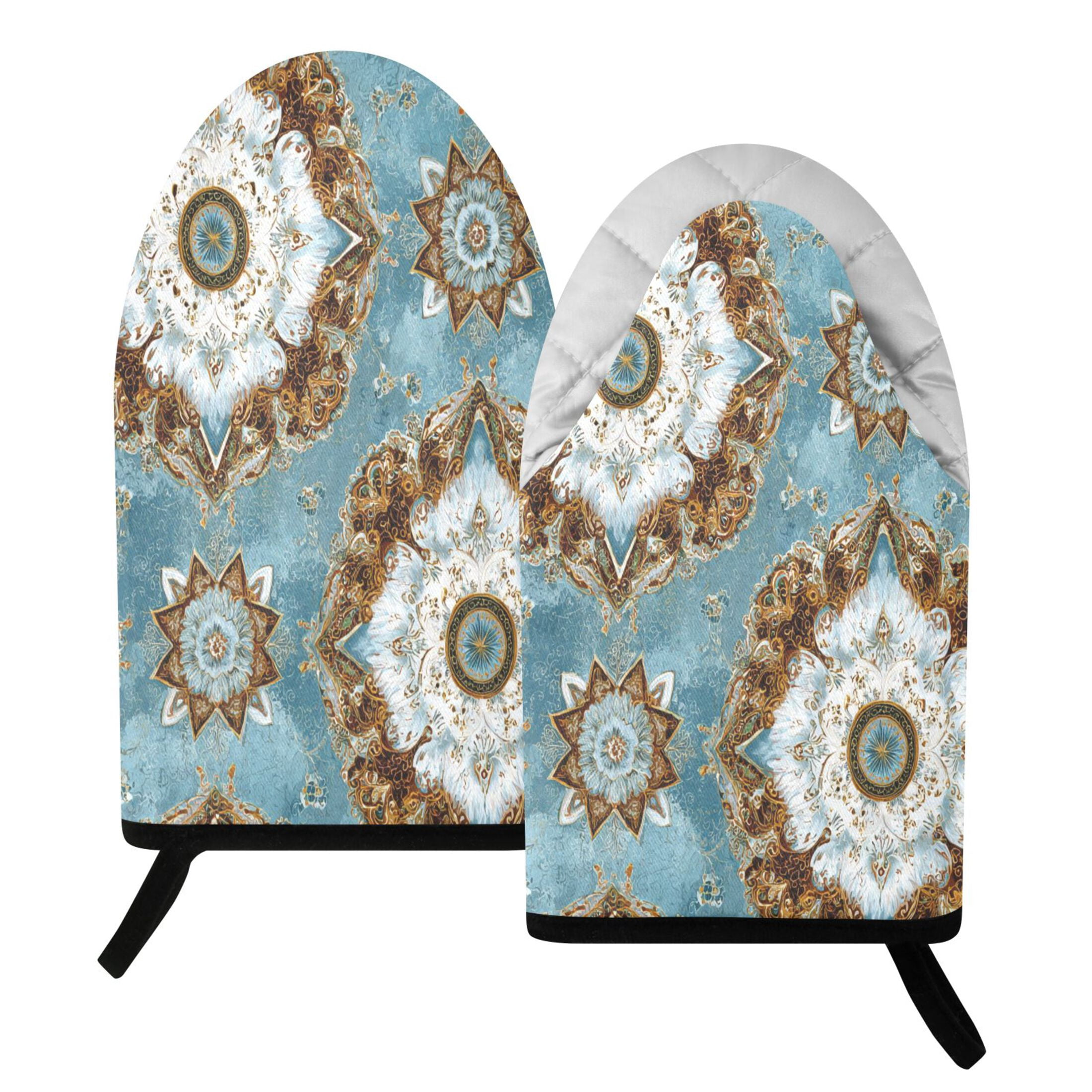 BZSMCE 2 Pack Turquoise Gold Medallion Print Heat Resistant Cotton Oven ...