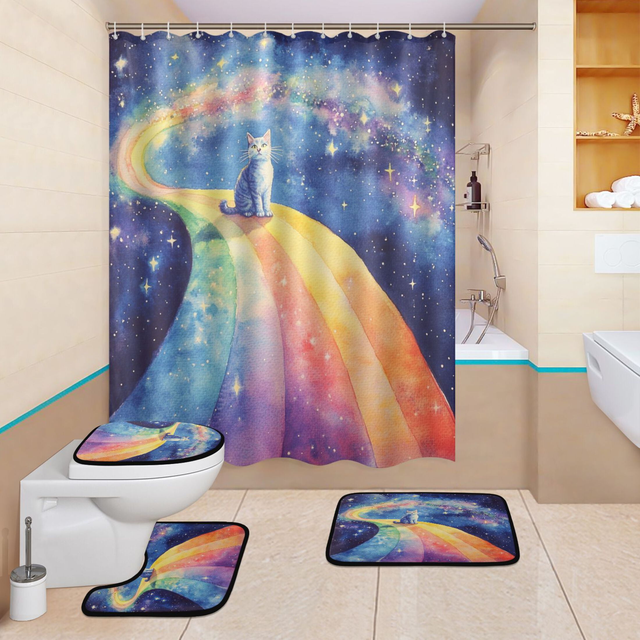 BZSMCE 4PCS Galactic Cat Journey Shower Curtain Set Bathroom Decorative ...