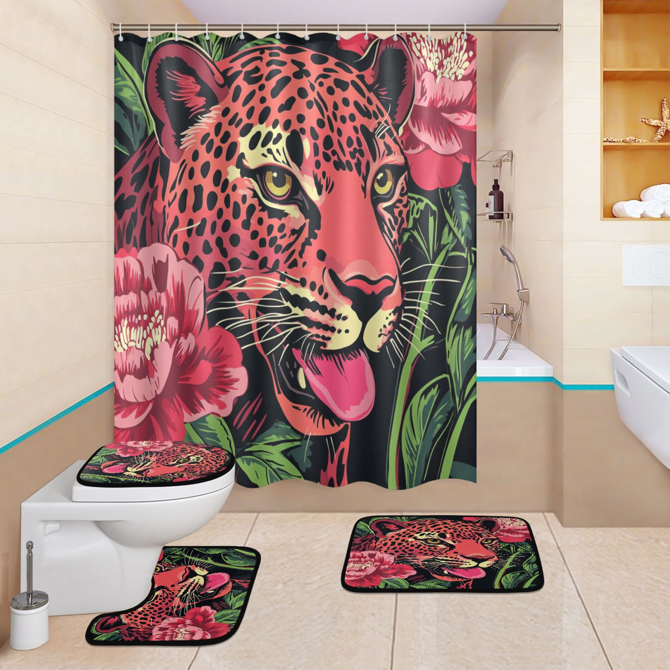 BZSMCE 4PCS Leopard's Charm Shower Curtain Set Bathroom Decorative Set ...