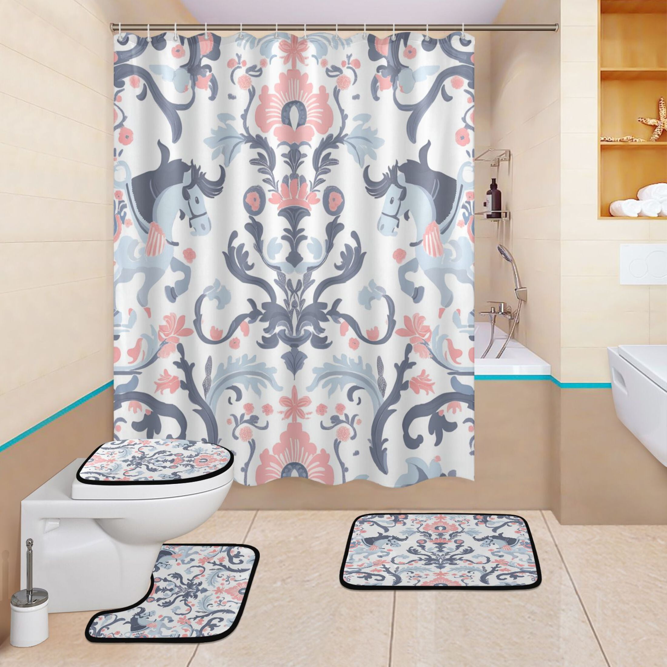 BZSMCE 4PCS Noble Horse Motif Shower Curtain Set Bathroom Decorative ...