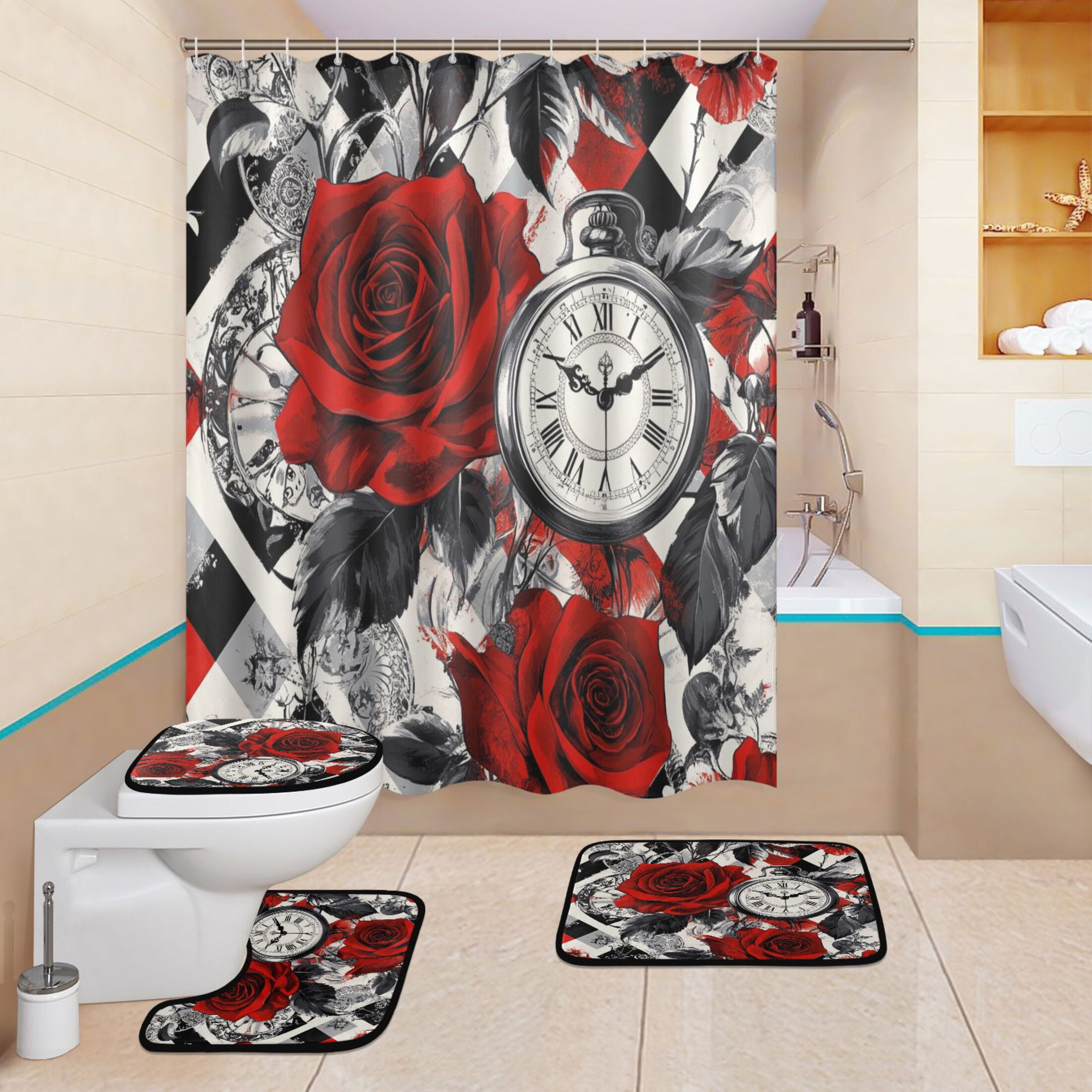 BZSMCE 4PCS Red Rose Reverie Shower Curtain Set Bathroom Decorative Set ...