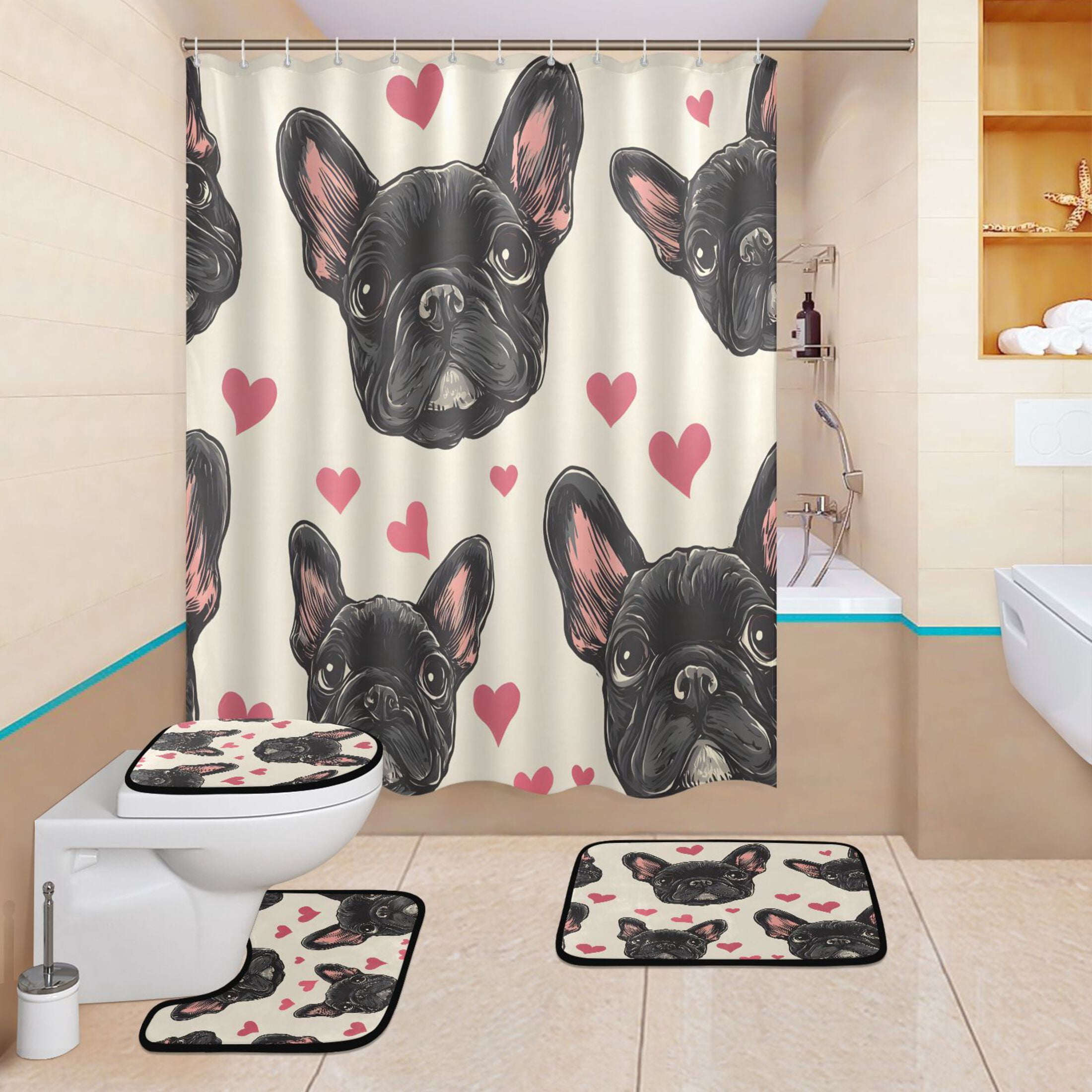 BZSMCE 4PCS Shower Curtain Set Bathroom Decorative Set-Black Dog Head ...