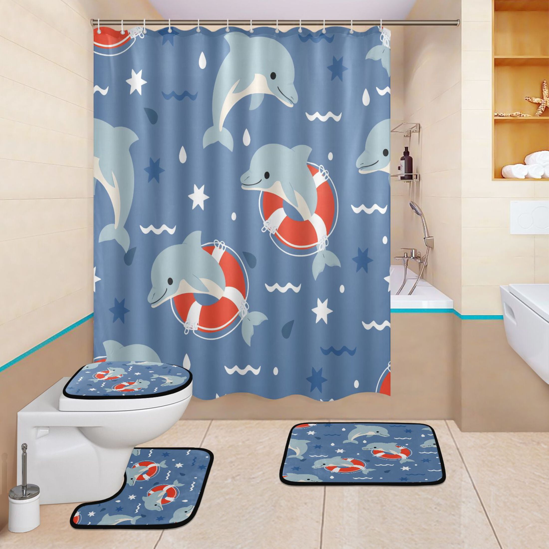 BZSMCE 4PCS Shower Curtain Set Bathroom Decorative Set-Cute Swimming ...