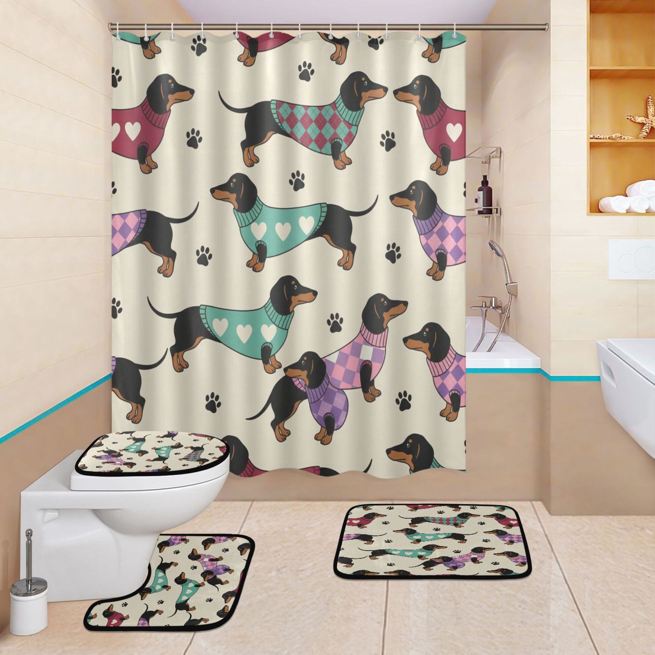 BZSMCE 4PCS Shower Curtain Set Bathroom Decorative Set-Dachshunds Dog ...