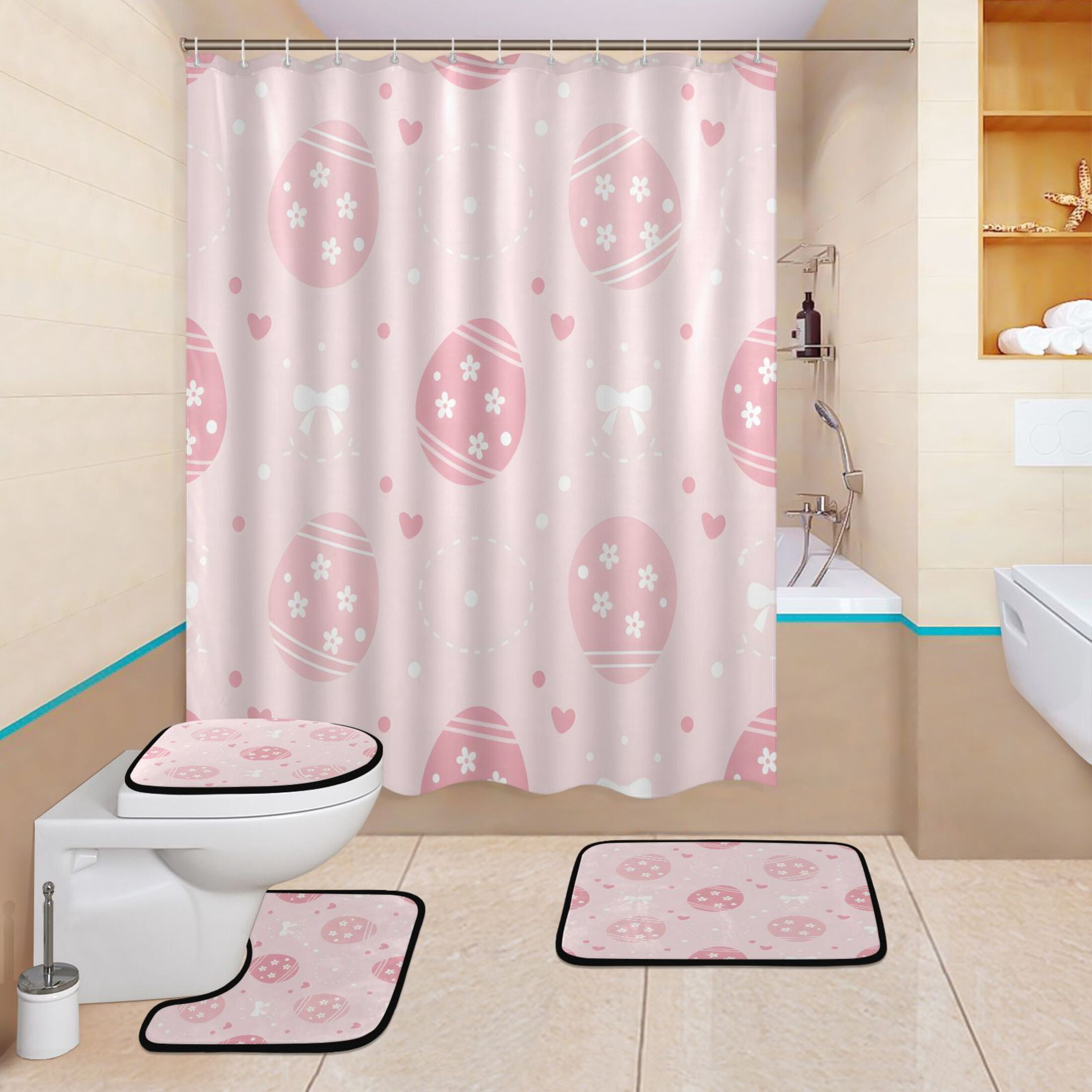 BZSMCE 4PCS Shower Curtain Set Bathroom Decorative Set-Pink Easter Egg ...
