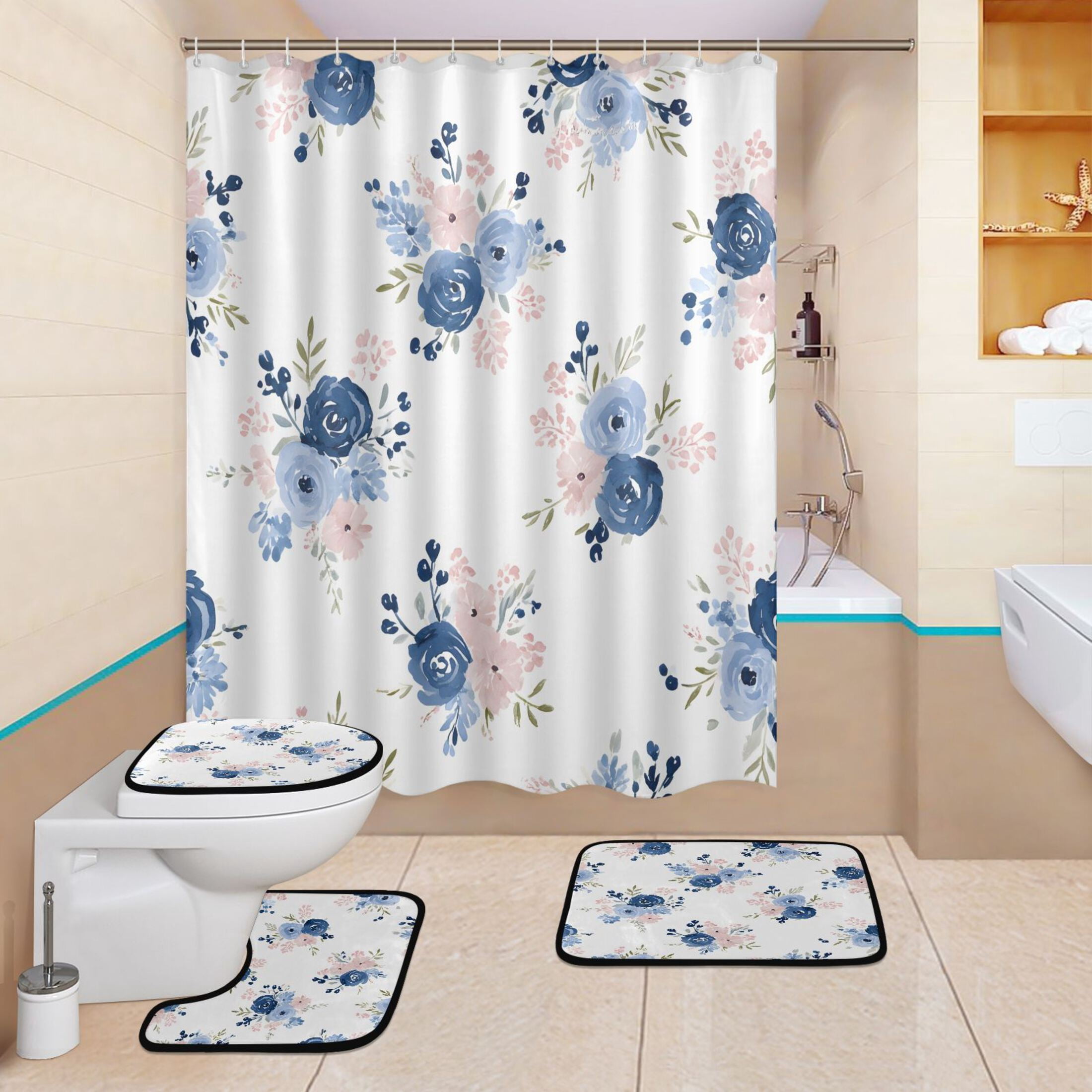 BZSMCE 4PCS Shower Curtain Set Bathroom Decorative Set-Watercolor Blue ...