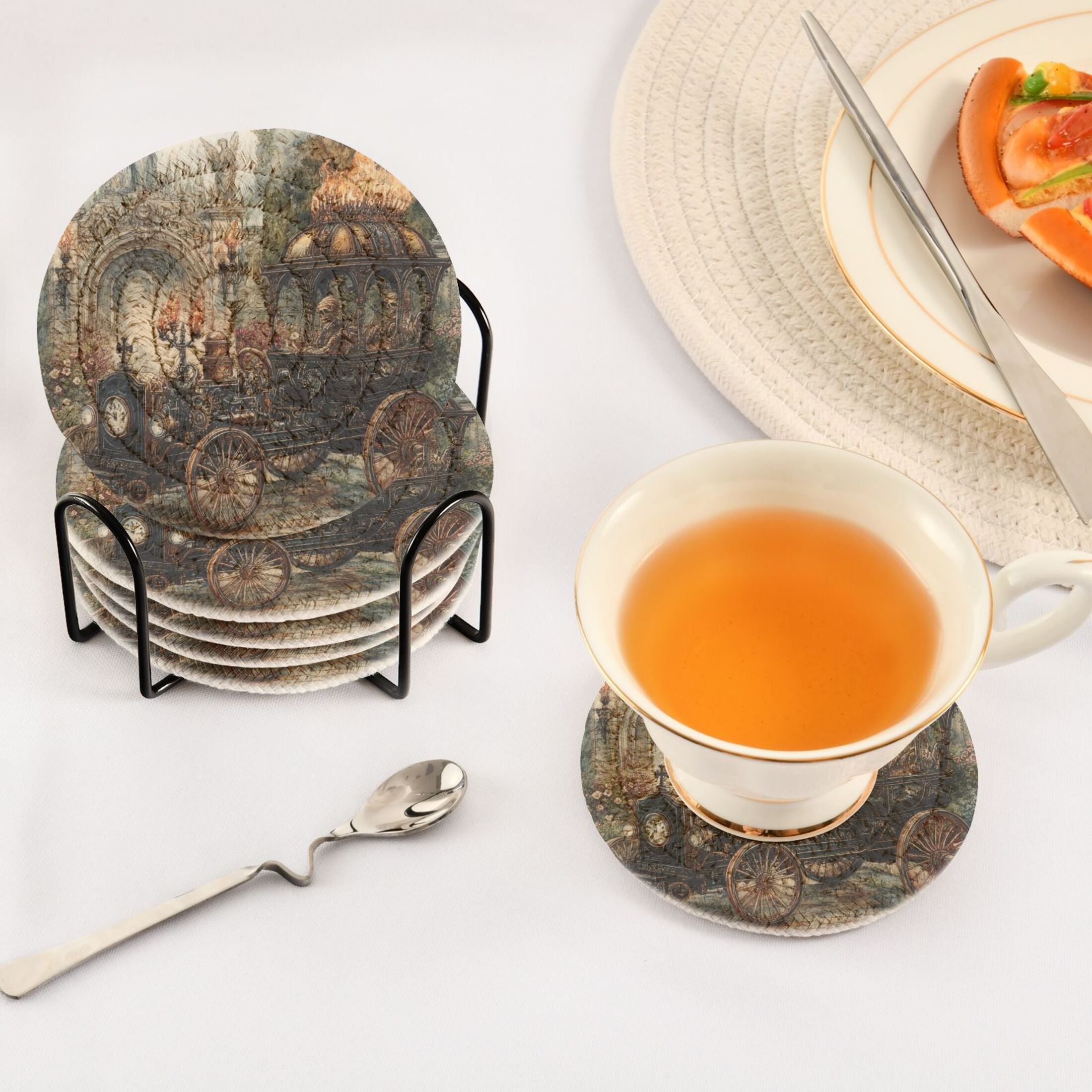 BZSMCE 6Pcs Drink Coasters With Holder 3.94Inch Art Steampunk Train ...