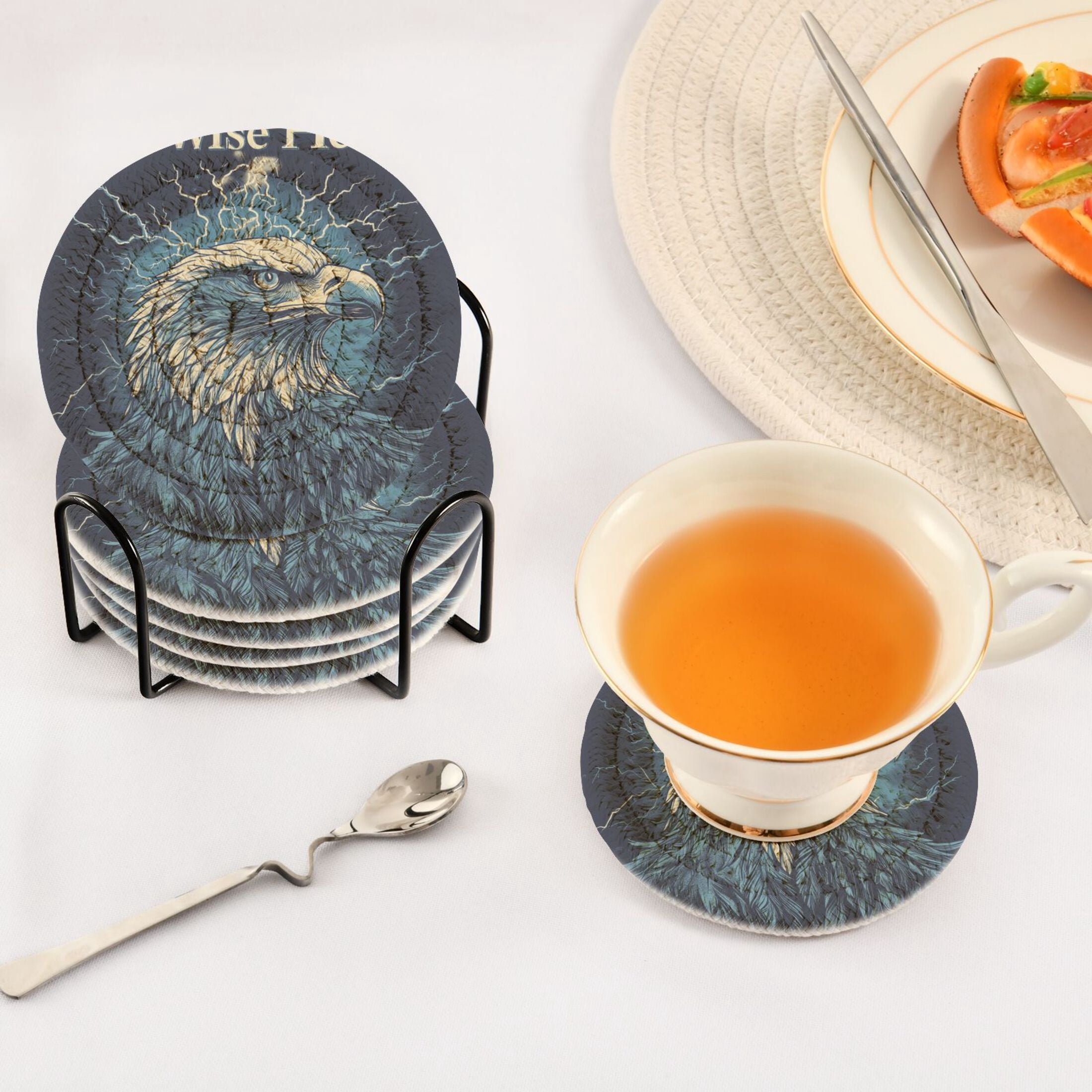 BZSMCE 6Pcs Drink Coasters With Holder 3.94Inch Brave Eagle Pattern ...