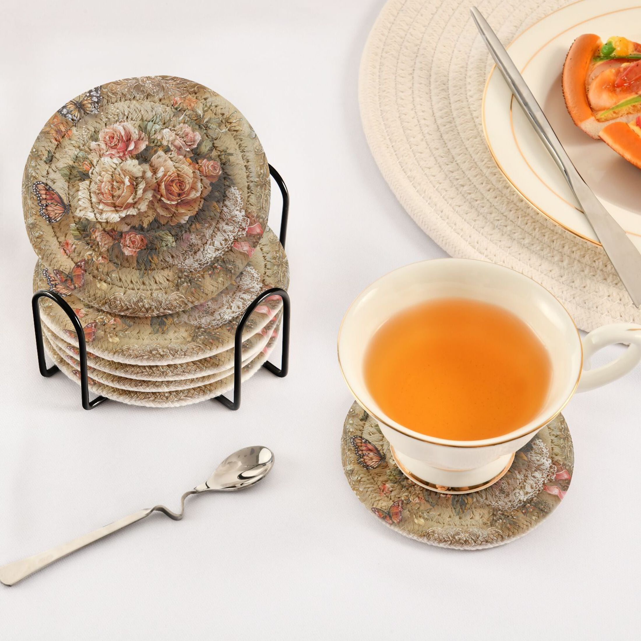 BZSMCE 6Pcs Drink Coasters With Holder 3.94Inch Butterfly and Roses on ...