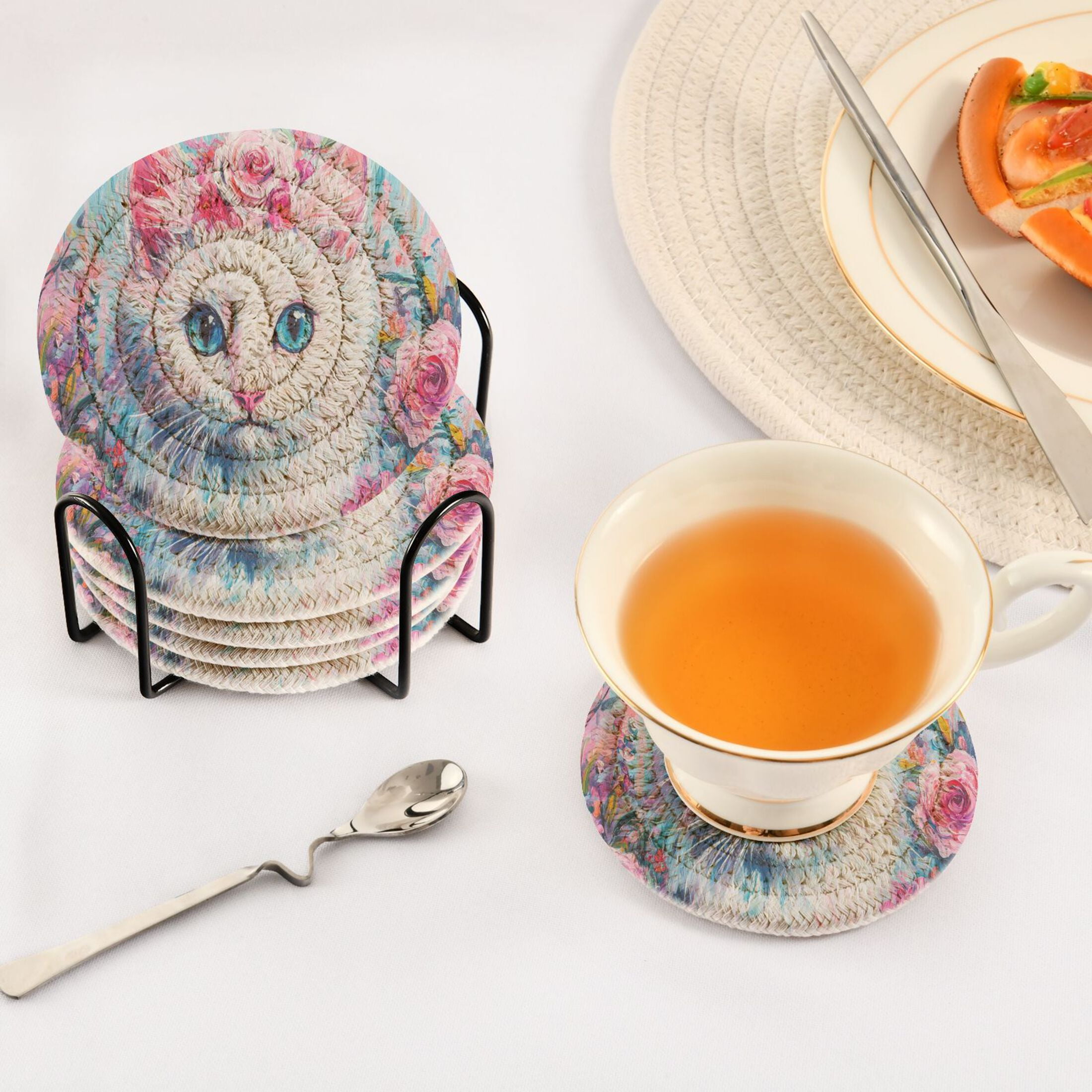 BZSMCE 6Pcs Drink Coasters With Holder 3.94Inch Cat with Floral Crown ...