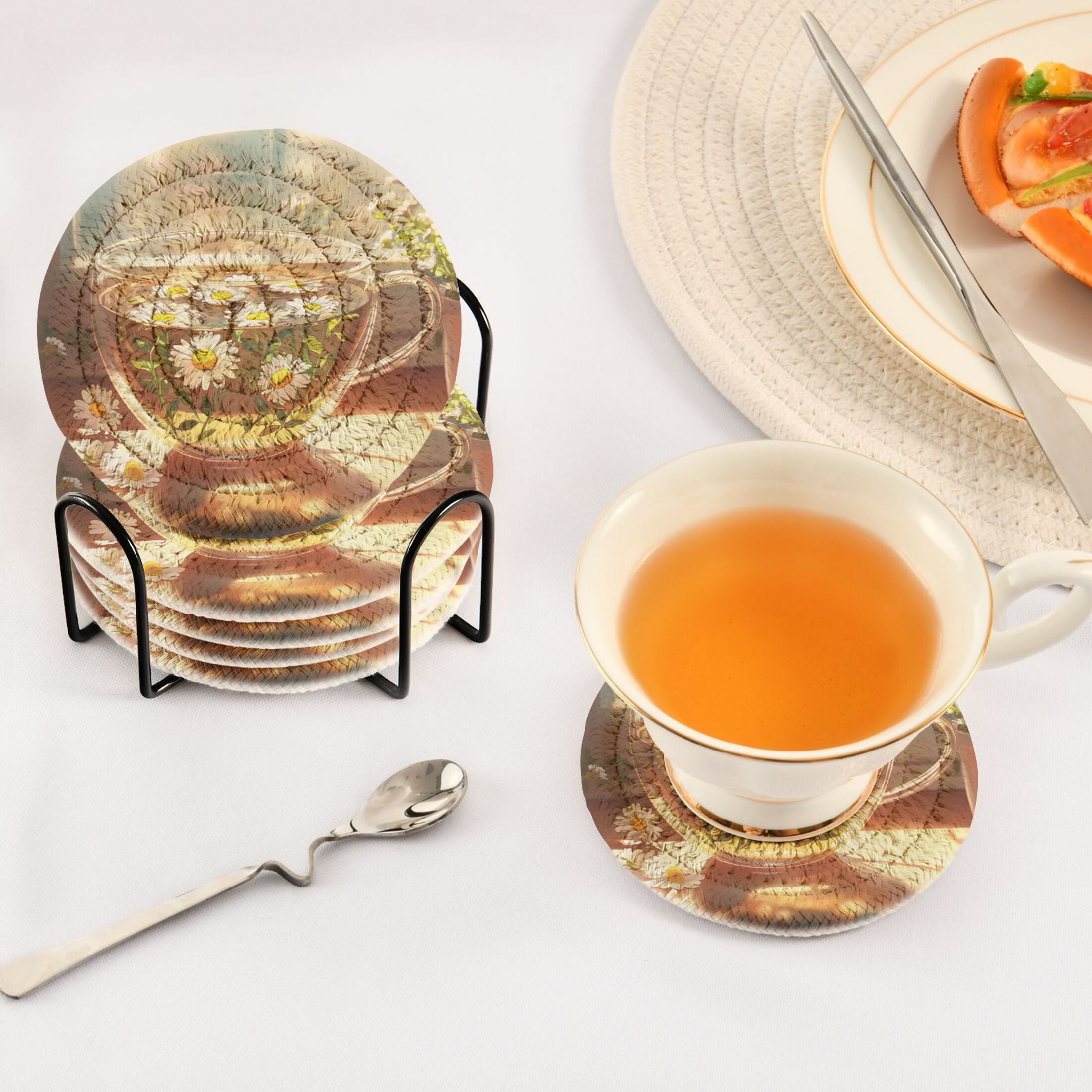 BZSMCE 6Pcs Drink Coasters With Holder 3.94Inch Glass Cup with ...