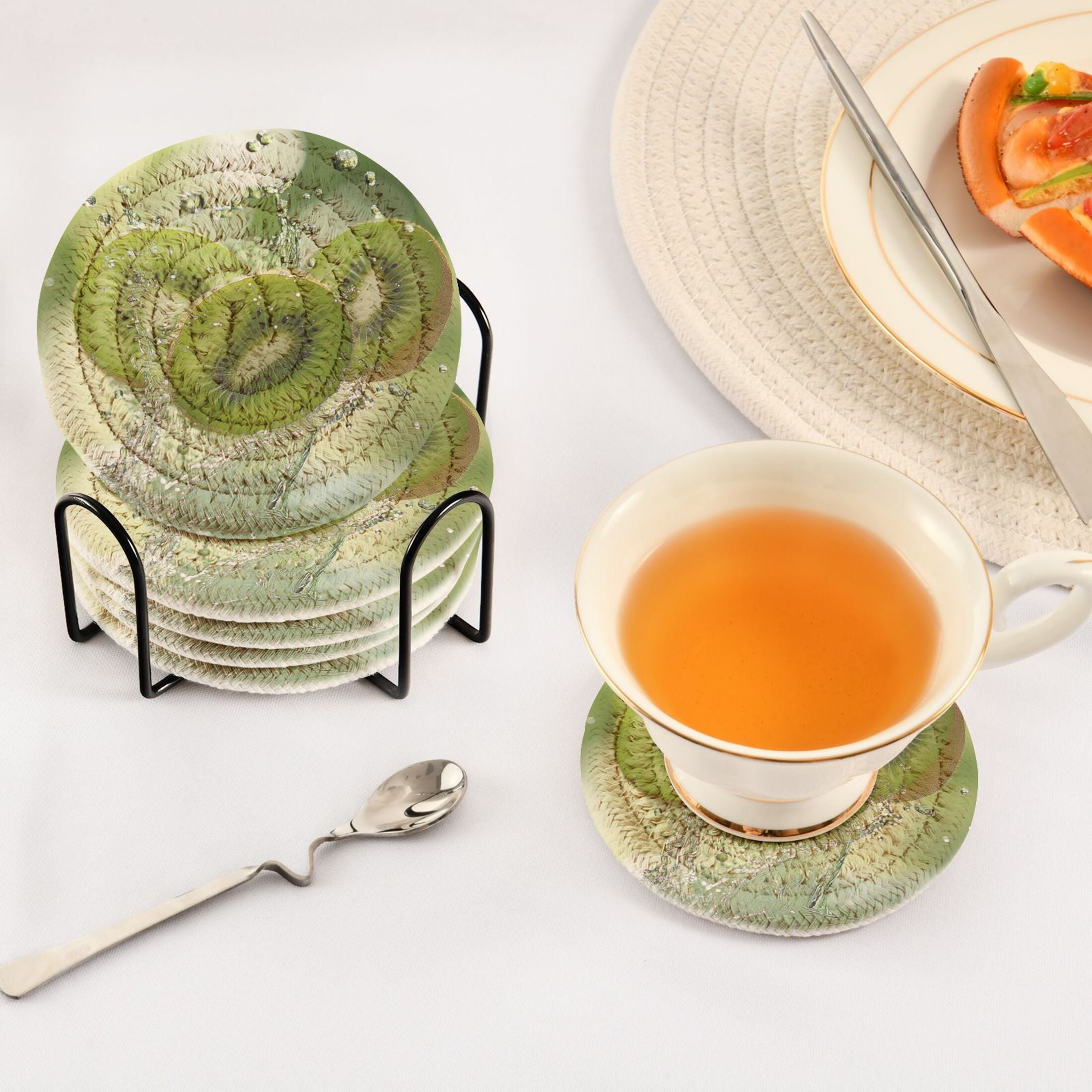 BZSMCE 6Pcs Drink Coasters With Holder 3.94Inch Kiwi Slices Fall Into ...