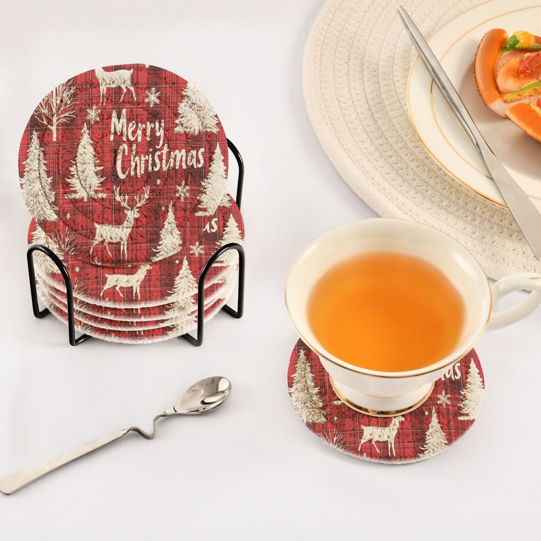 BZSMCE 6Pcs Drink Coasters With Holder 3.94Inch Merry Christmas Tree ...