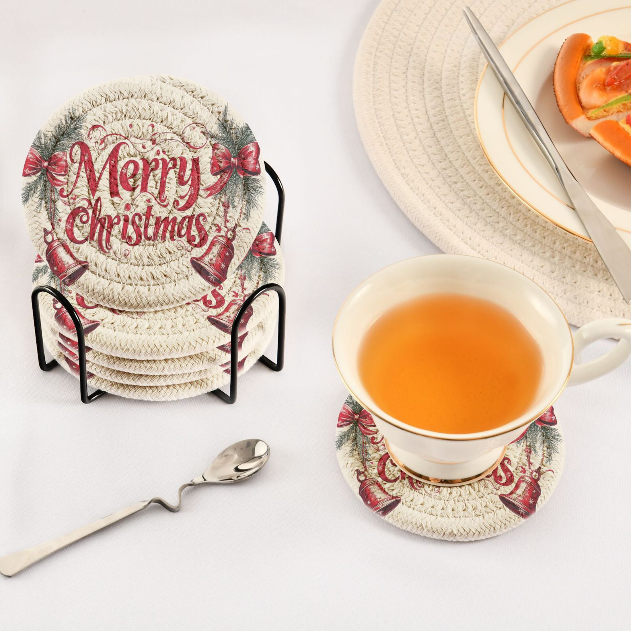 BZSMCE 6Pcs Drink Coasters With Holder 3.94Inch Red Merry Christmas ...